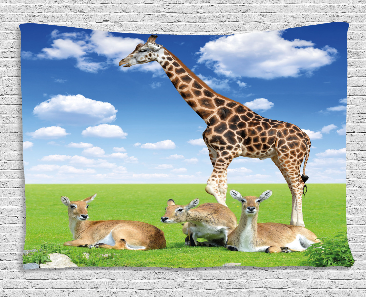 Giraffe Tapestry, Antelope and Giraffe on Green Meadow Zoo African ...
