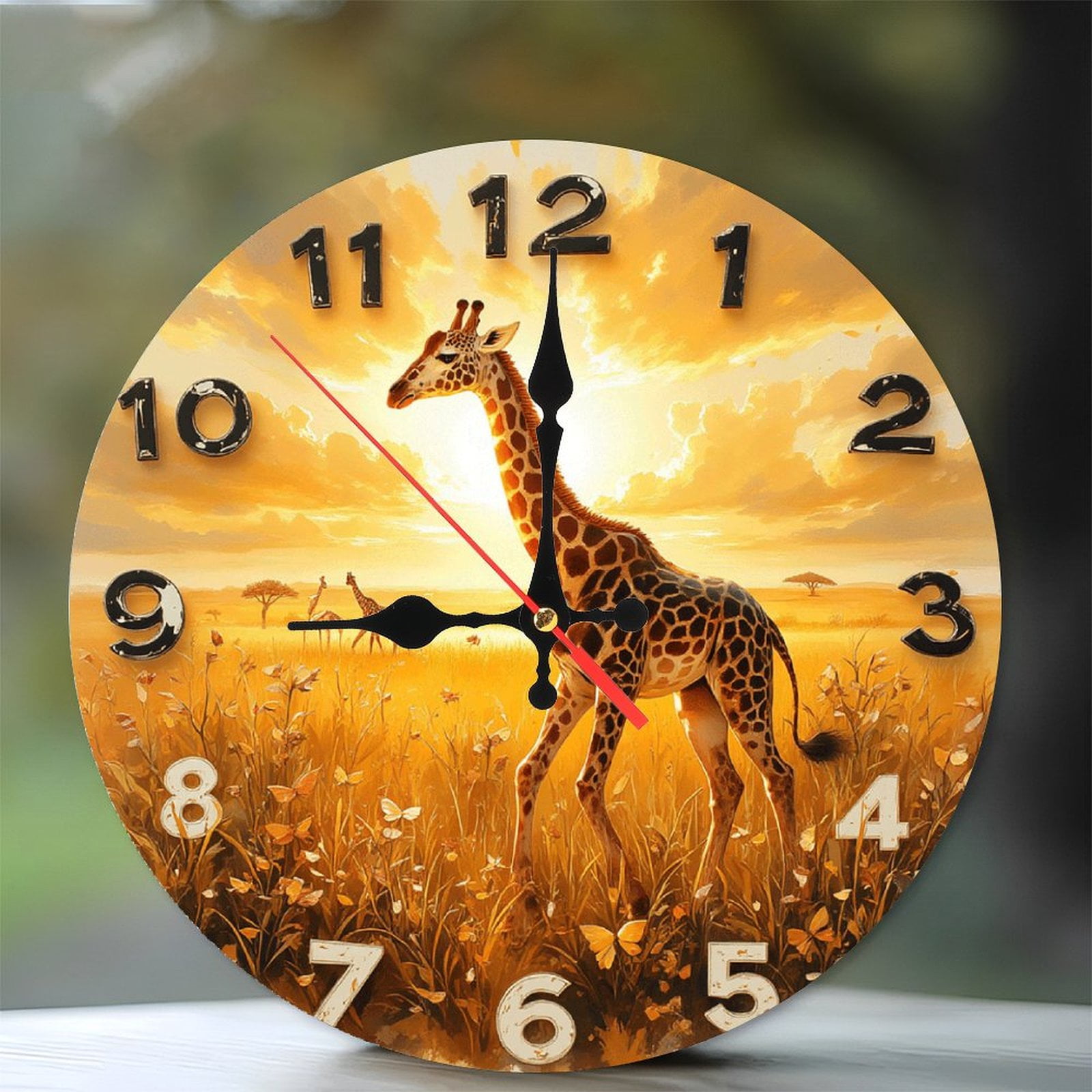 Giraffe Wall Clock with Nature Landscape Design 10-Inch Silent Wooden ...