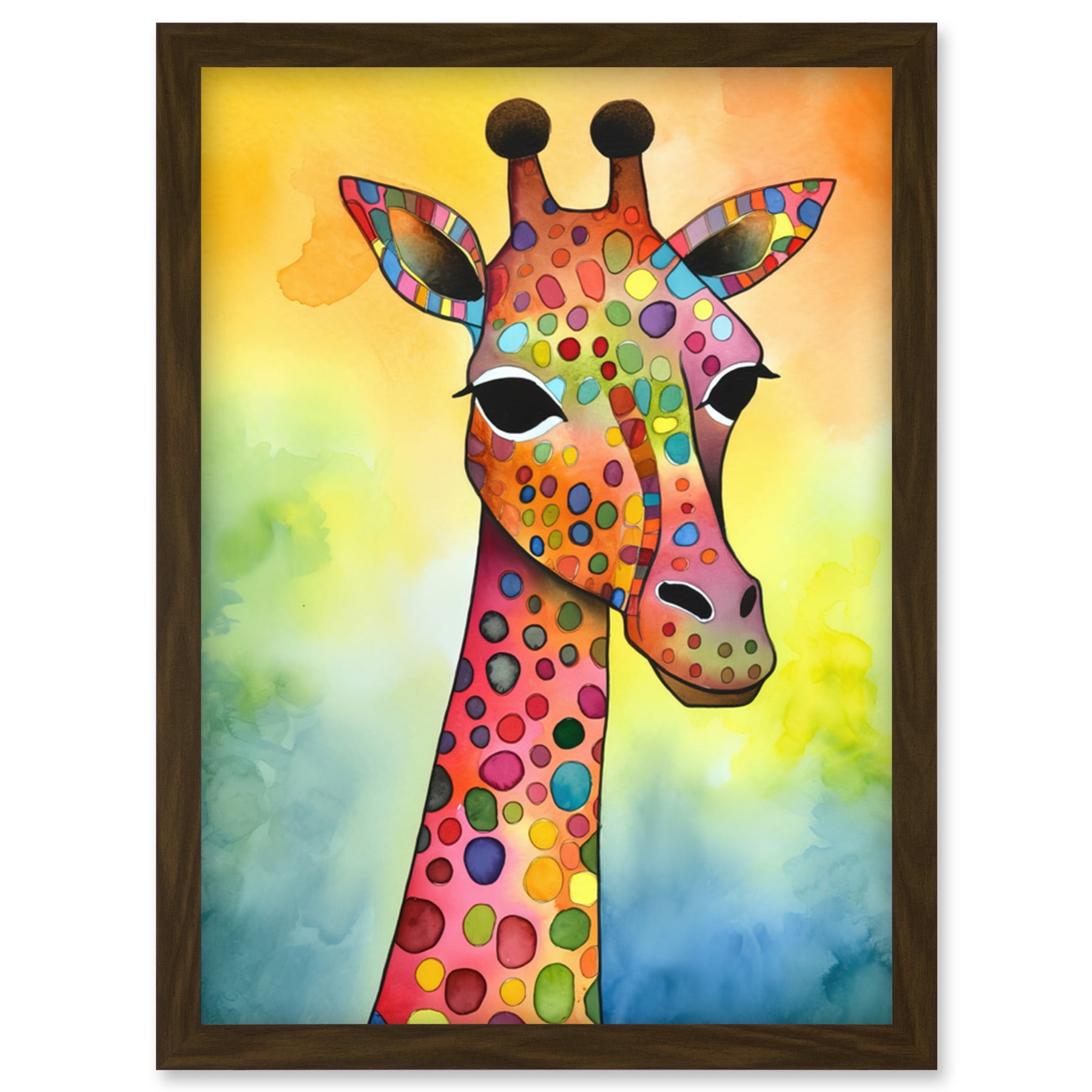 Giraffe With Multicolour Pattern Folk Art Watercolour Painting Artwork Framed Wall Art Print A4 ...