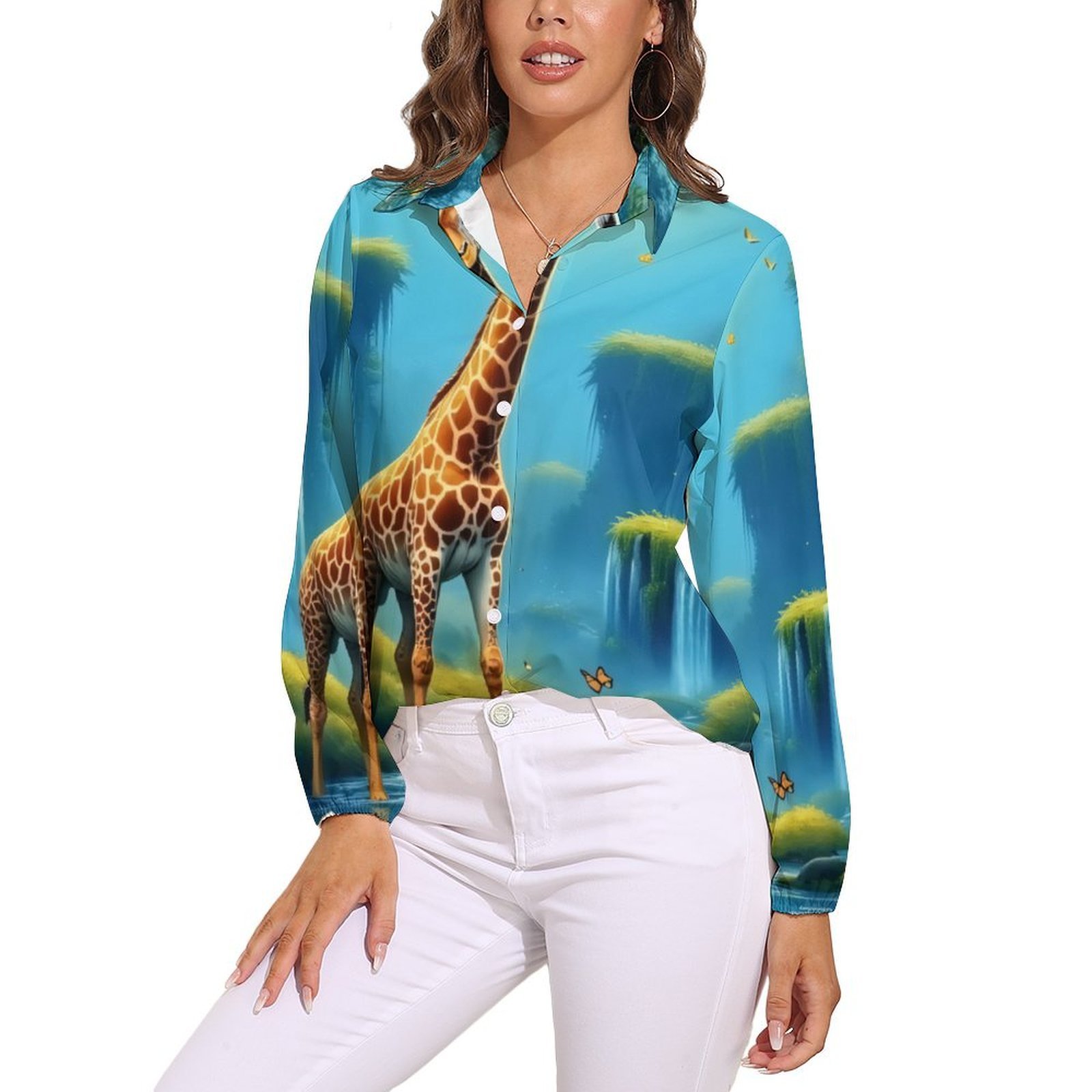 Giraffe in Fantasy Forest Blouse Funky Office Work Blouses Tops Casual ...