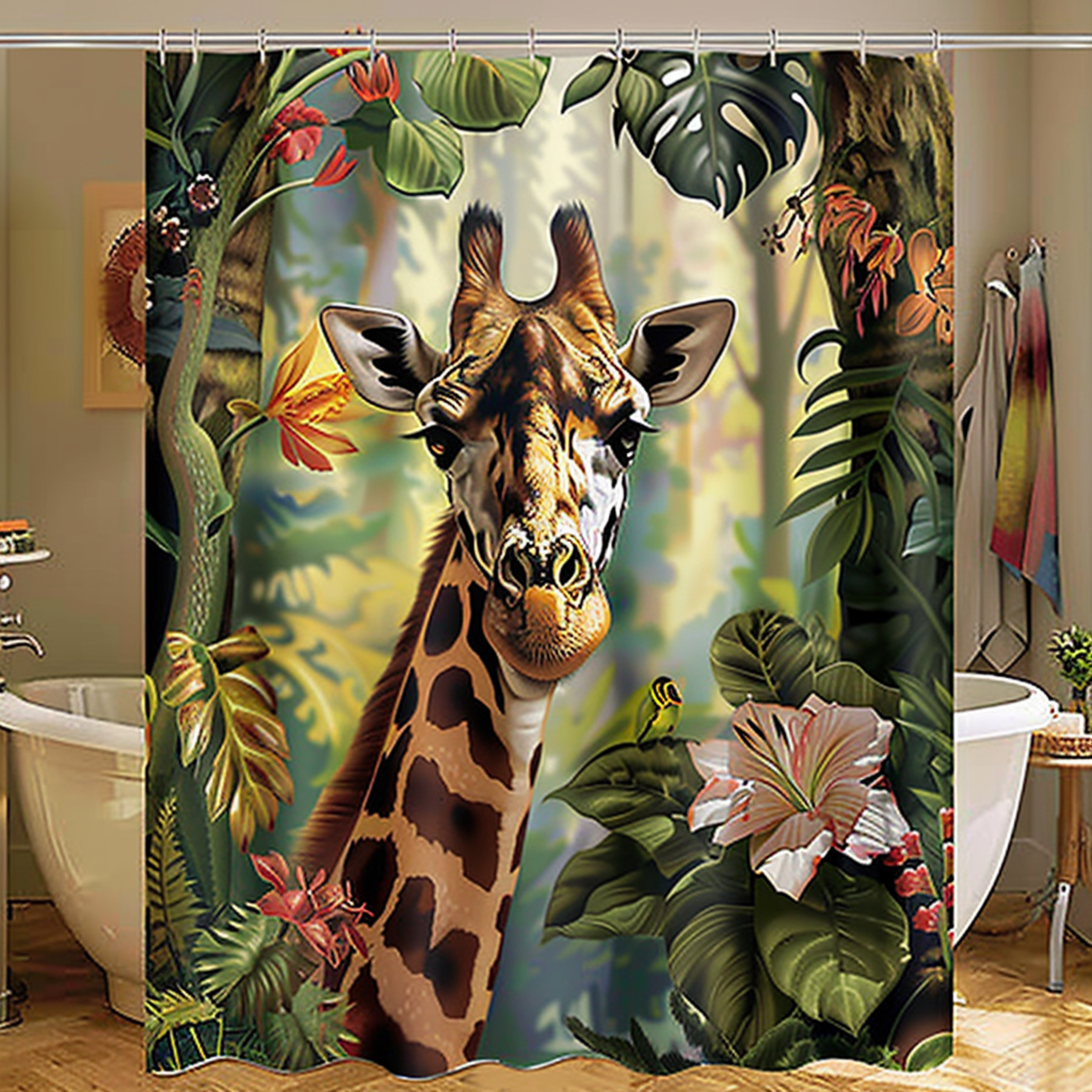 Giraffe In Jungle Shower Curtain Bright Colors Ultra Detailed Bathroom