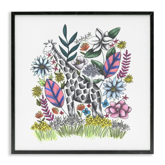 Giraffe in Midst of Flowers Black Framed Giclee Art, design by Cecilia ...