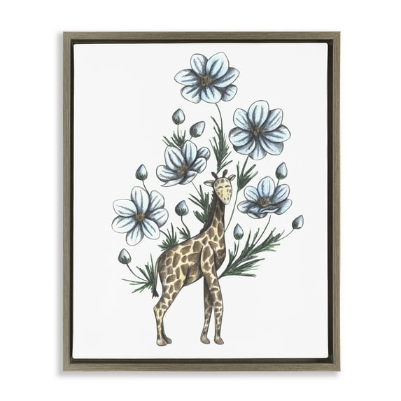 Giraffe with Flower Blossoms Brown Framed Floater Canvas Wall Art ...