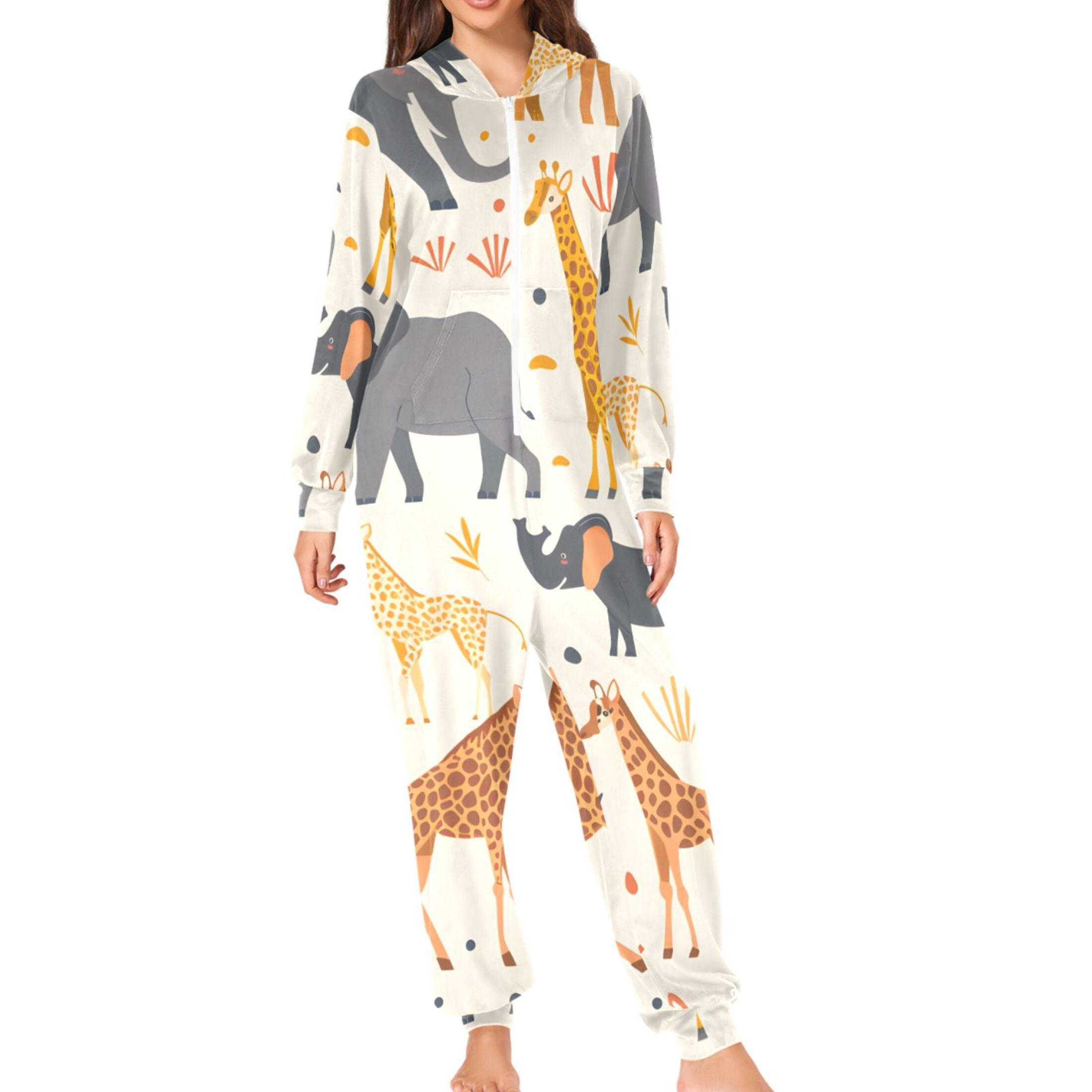 Giraffes Elephants Deers Lions Grassland Adult's Hoodie Onesie Jumpsuit ...