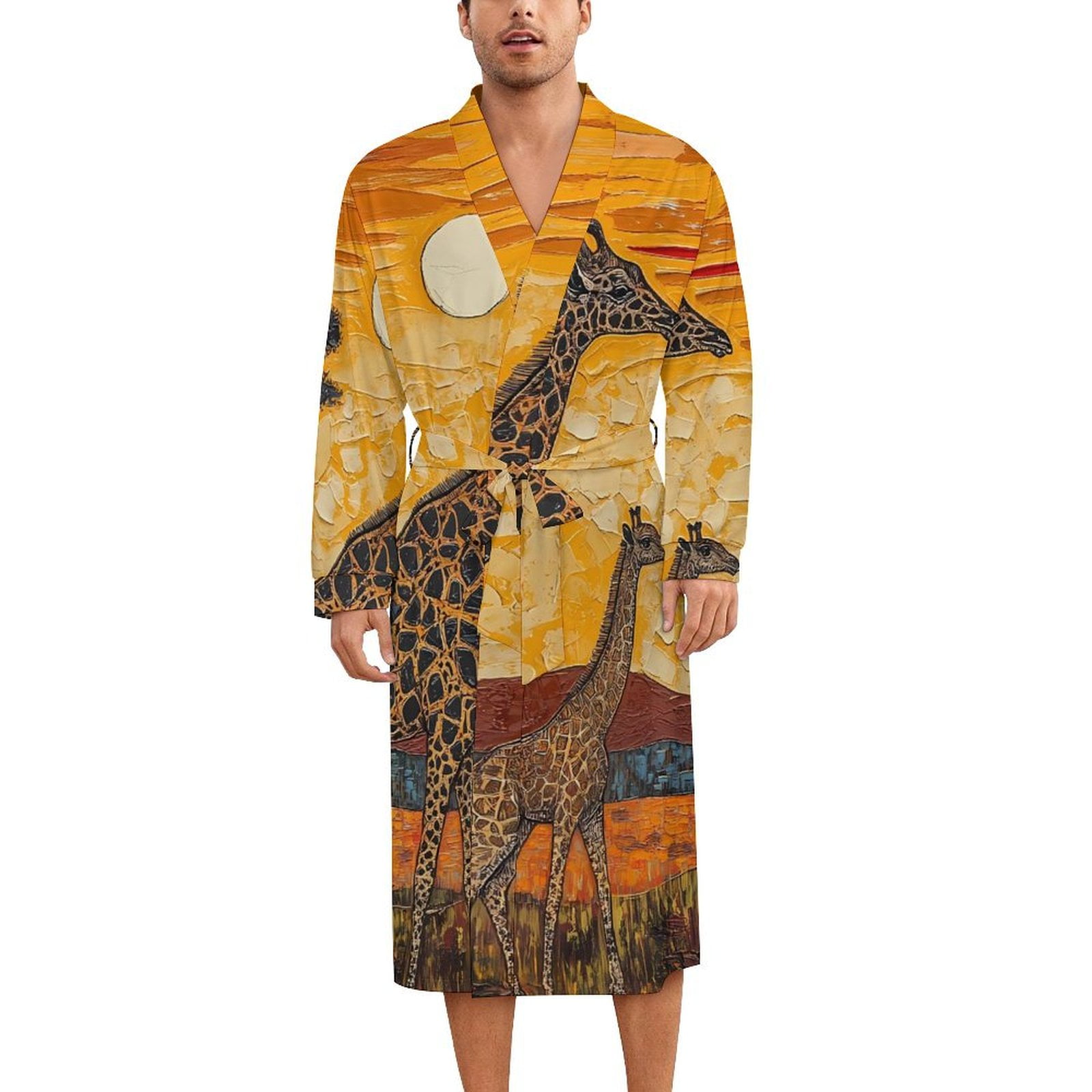 Giraffes Trees Sunset Landscape In Africa Savannah Men's Kimono Robe ...
