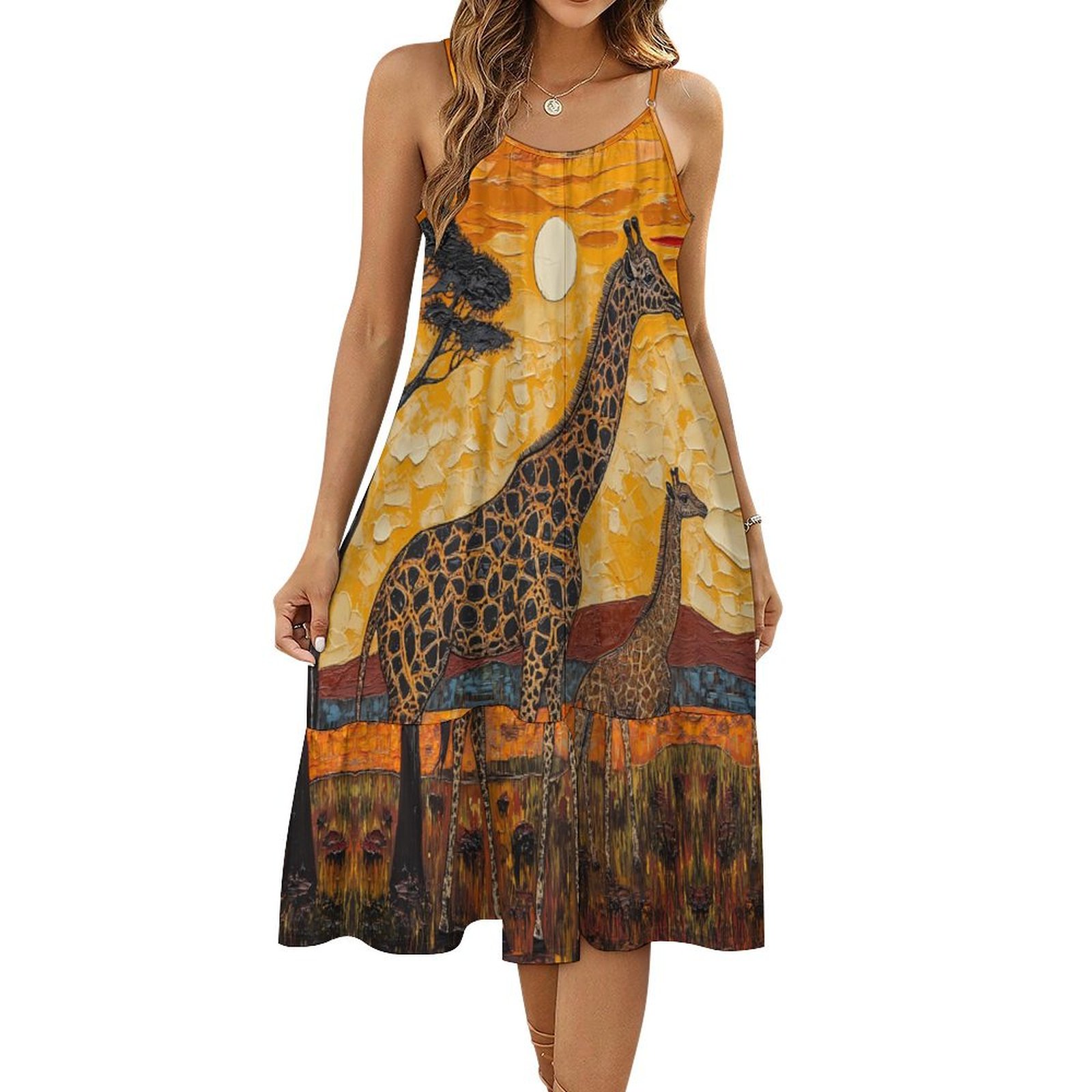 Giraffes Trees Sunset Landscape In Africa Savannah Women Summer Dresses ...