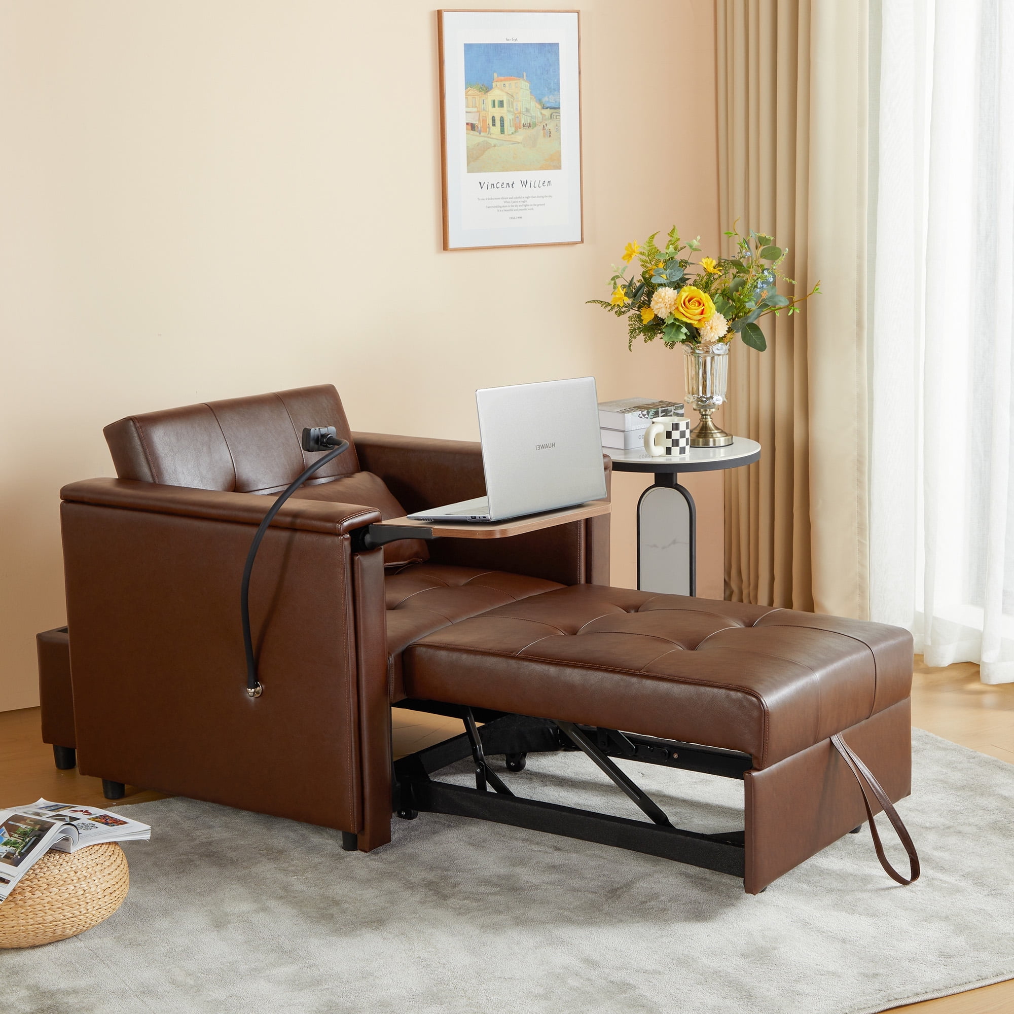 Giratree 3 in 1 Futon Couch, Convertible Chair Bed with Side Table and ...