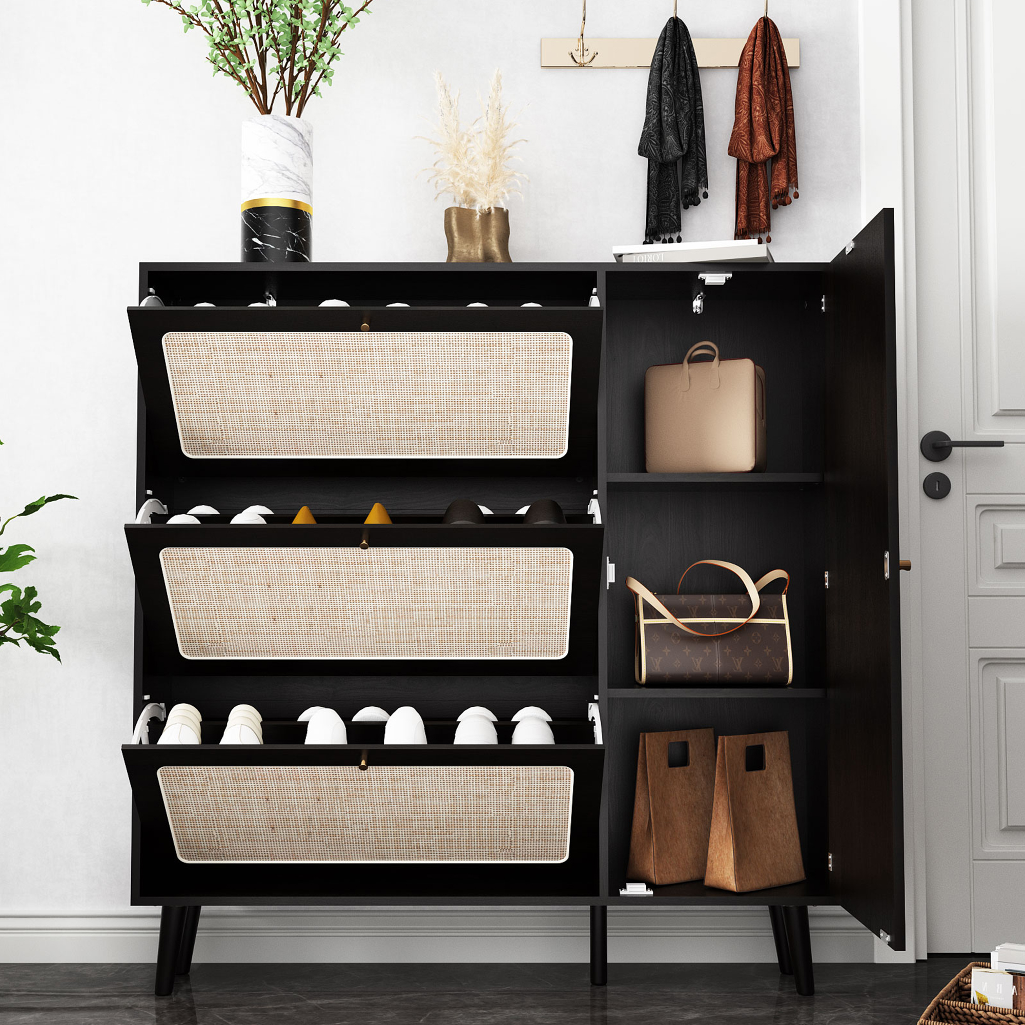 MoNiBloom Bamboo 8 Tiers 36 Pairs Shoes Cabinet with Flip Doors, Brown ...