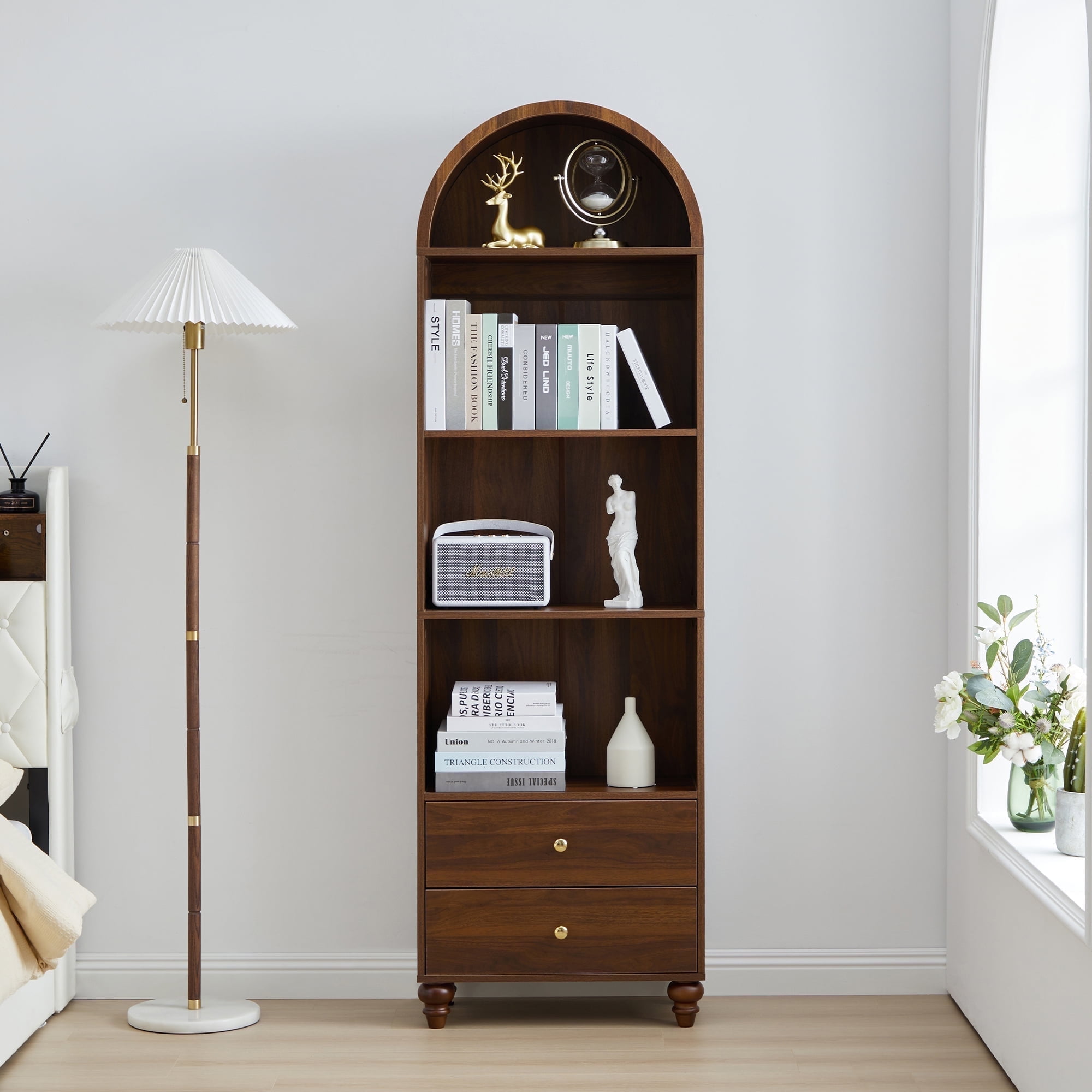 YOCWO 75" Tall Arched Bookcases with 2 Large Drawers & 4 Shelves ...
