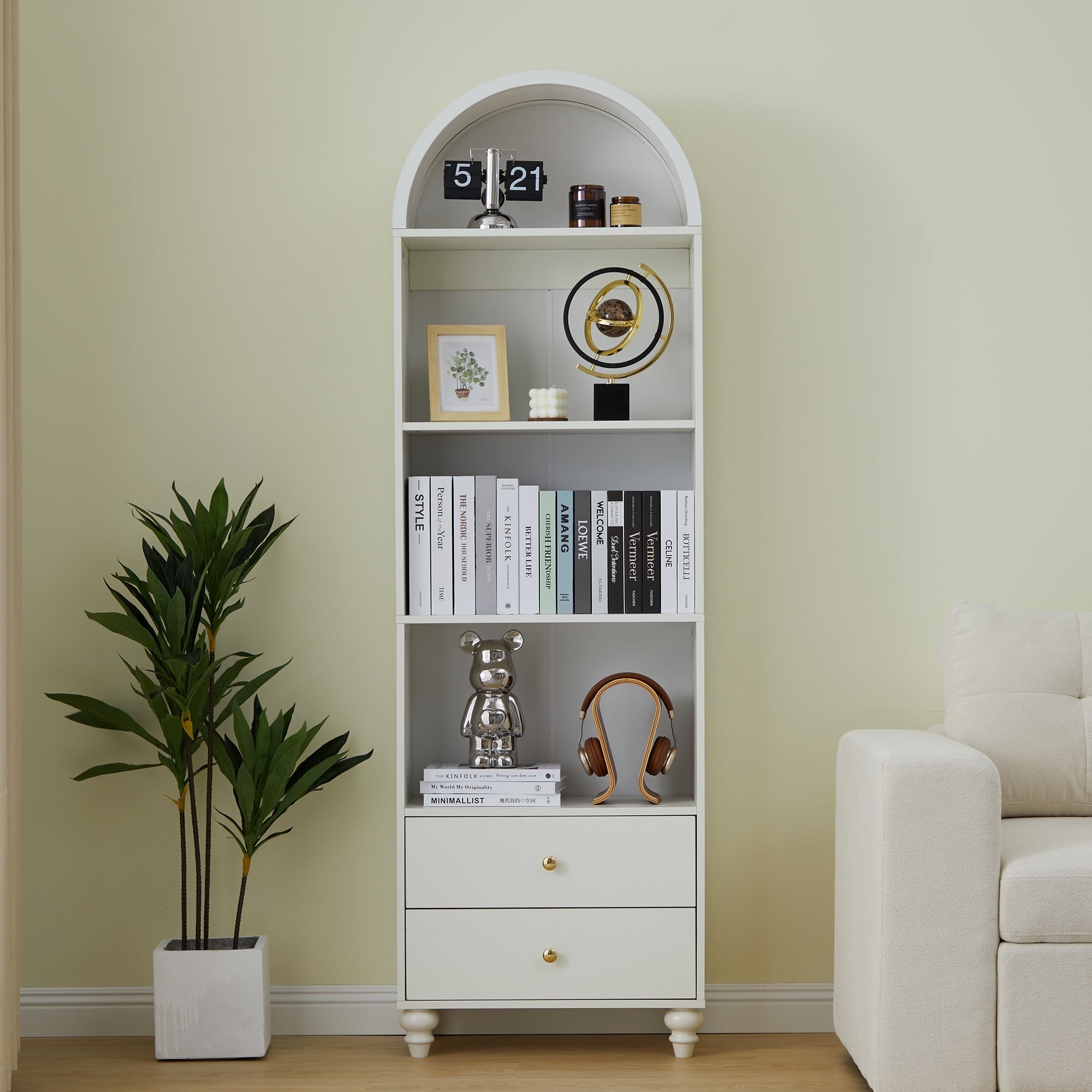YOCWO, Tall Bookcase, 75" Arch with 2 Large Drawers & 4 Shelves, White ...