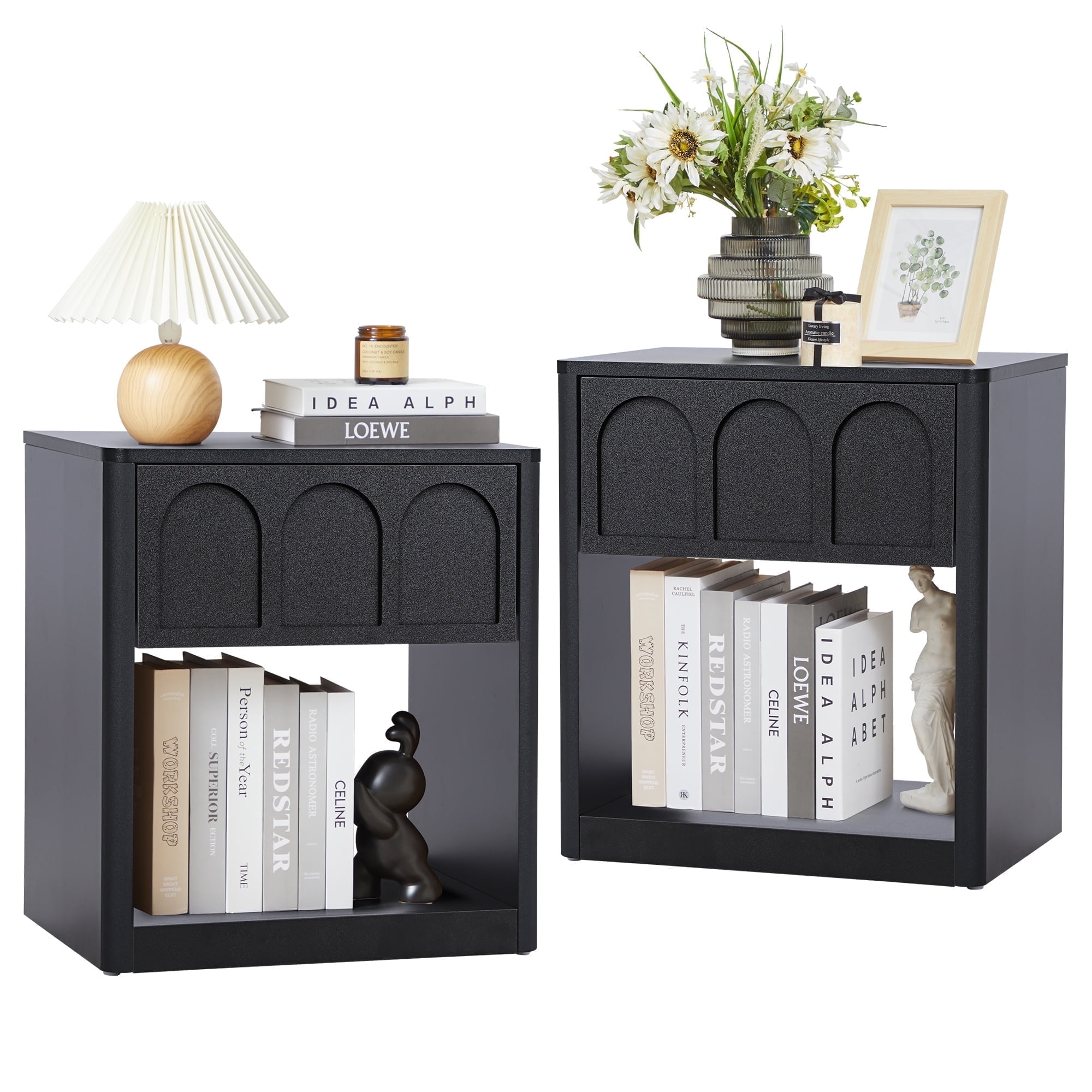 Giratree Black Nightstand Set of 2 with Drawer for Bedroom, Wood ...