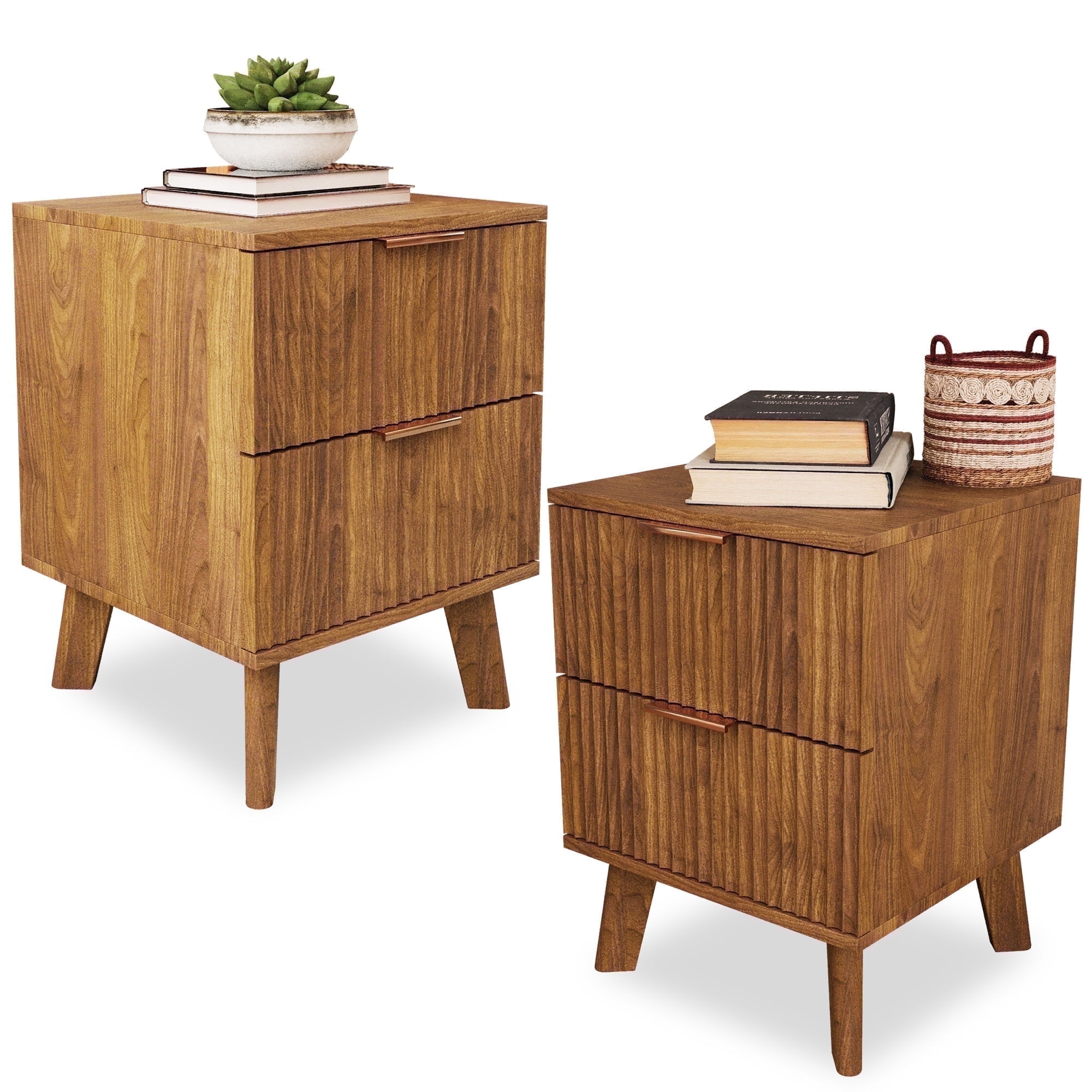 Giratree Fluted Nightstand for Bedroom Set of 2 , Wood Bedside Table ...