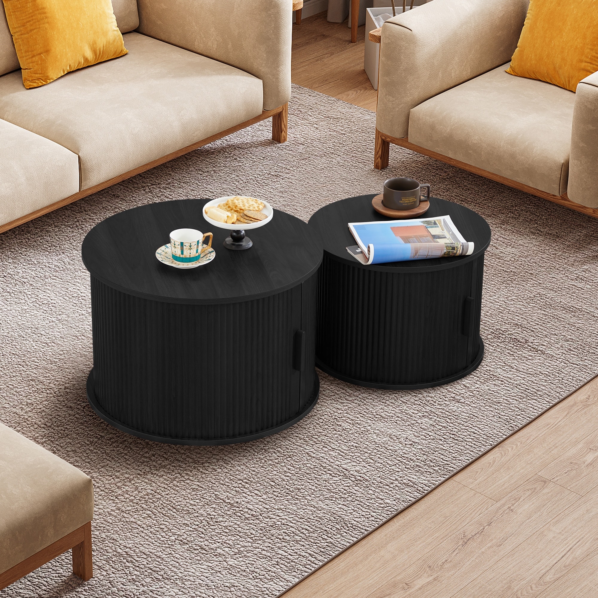 Giratree Round Storage Coffee Table With Sliding Door(Set of 2) Black ...