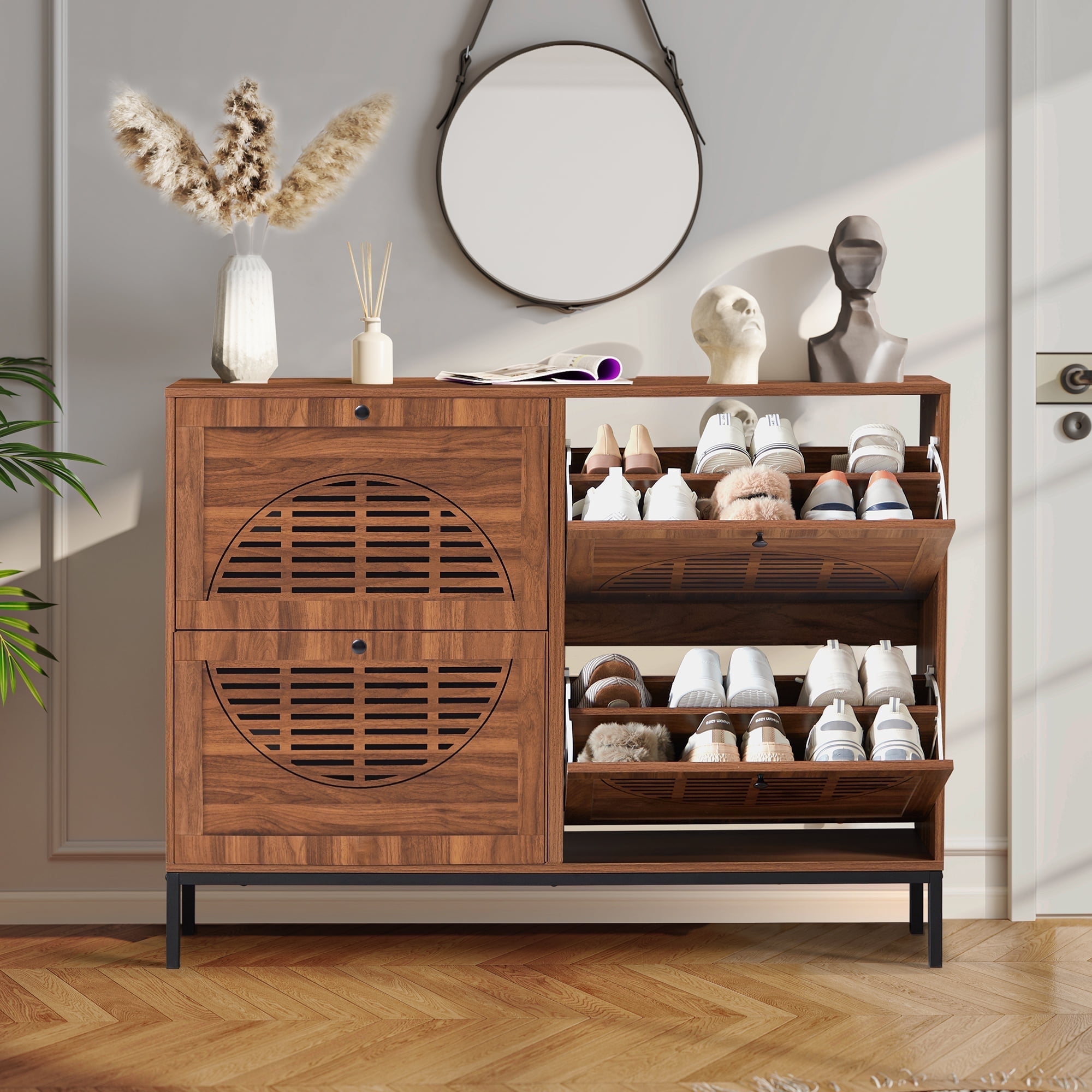 Giratree Shoe Storage Cabinet with 4 Flip Drawers, Wooden Shoe ...
