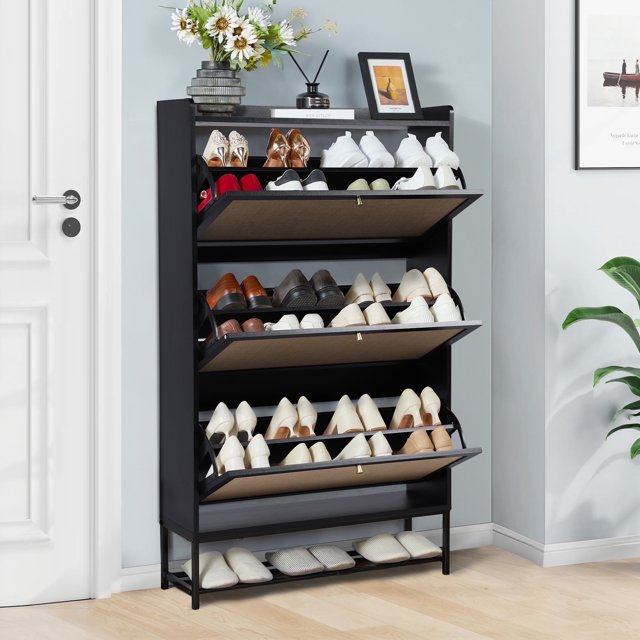 Giratree Wooden Shoe Storage Cabinet, Enclosed Flip Drawers, 28 Pairs ...