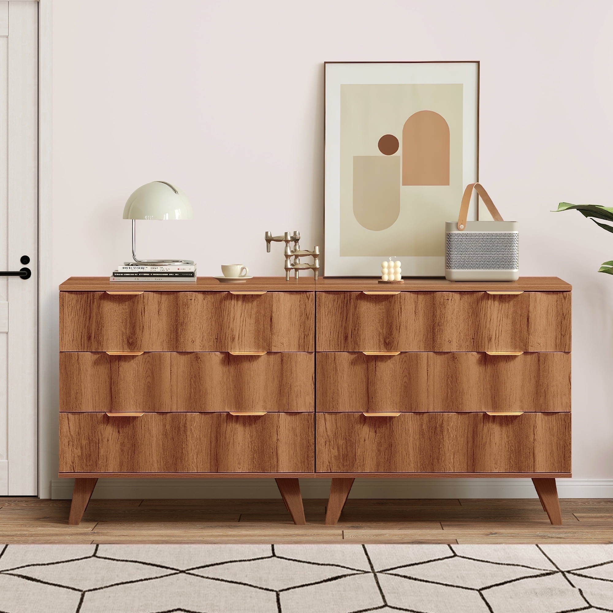 YOCWO Walnut 3 Drawer Nightstand for Bedroom Set of 2 with Wave Pattern ...