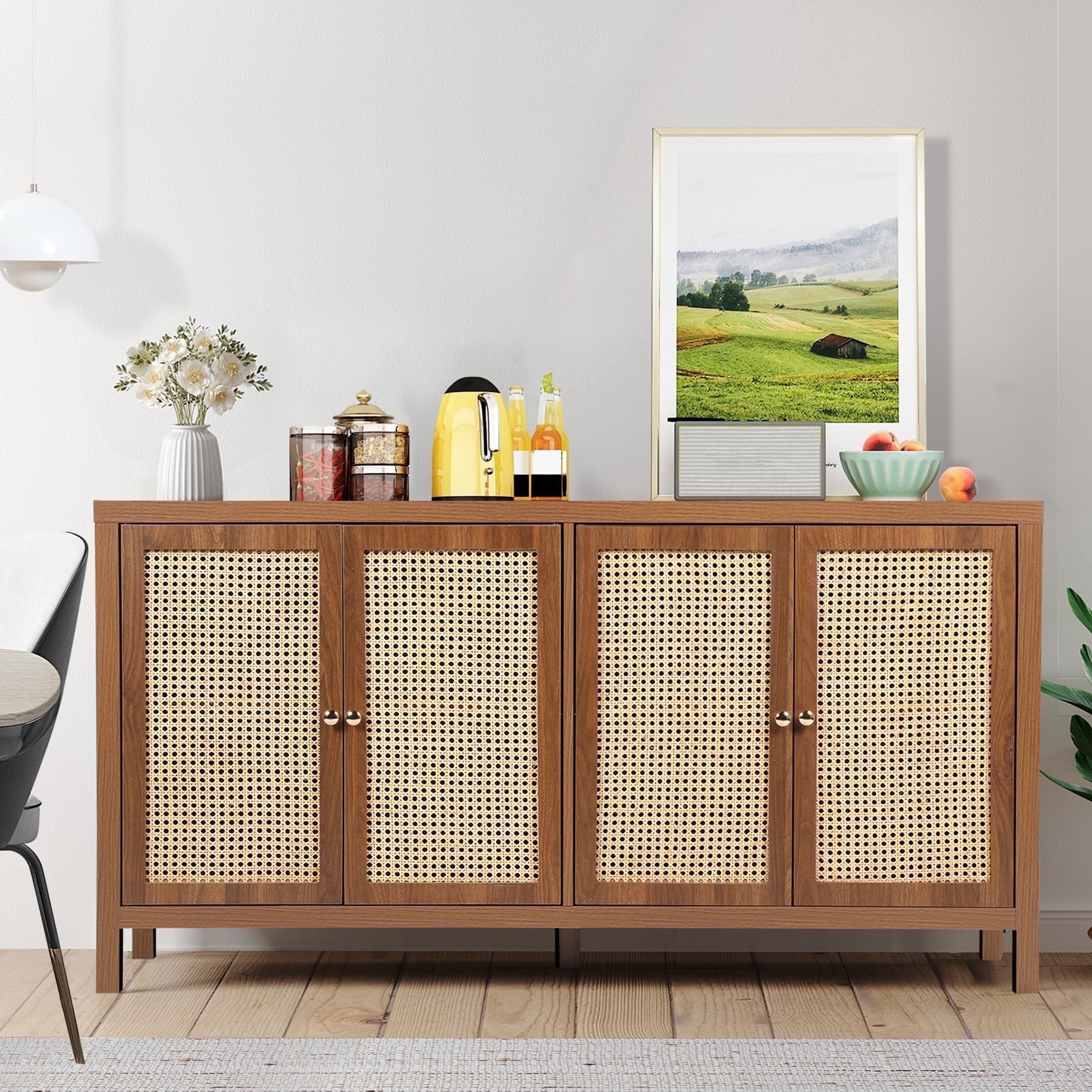 Giratree Walnut Rattan Cabinets with Doors, Sideboard Buffet Cabinet ...