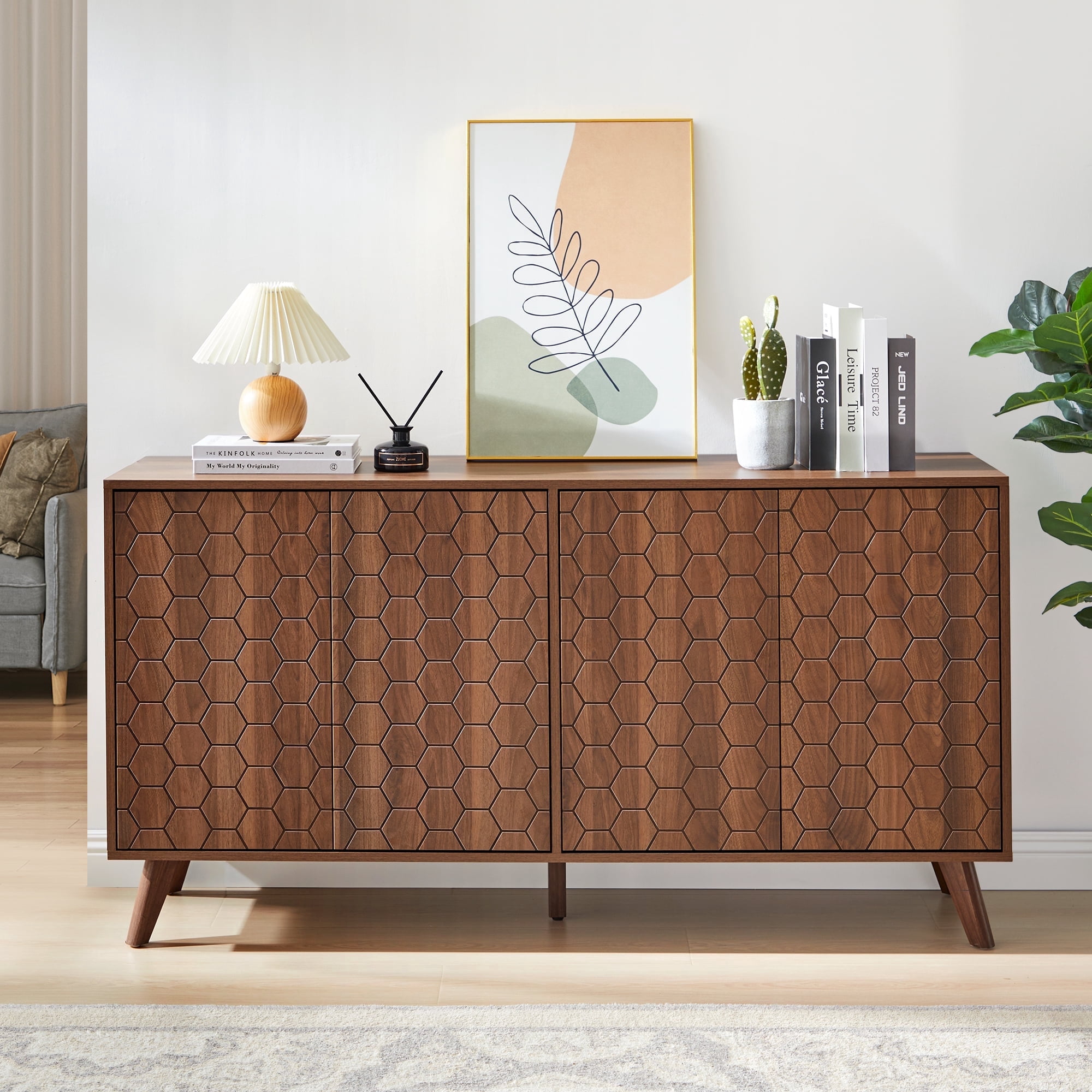 YOCWO Walnut Sideboard and Buffets with Hexagonal Pattern, Mid Century ...