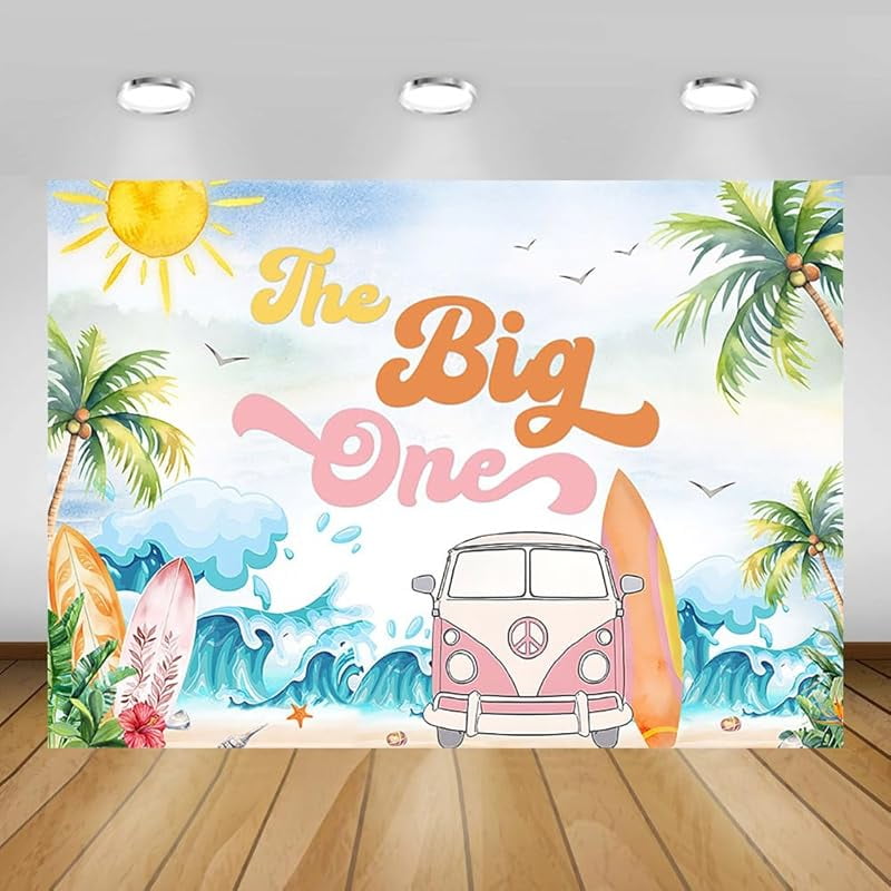 Girl 1st Birthday The Big One Surf Themed Backdrop Retro Surfboard ...