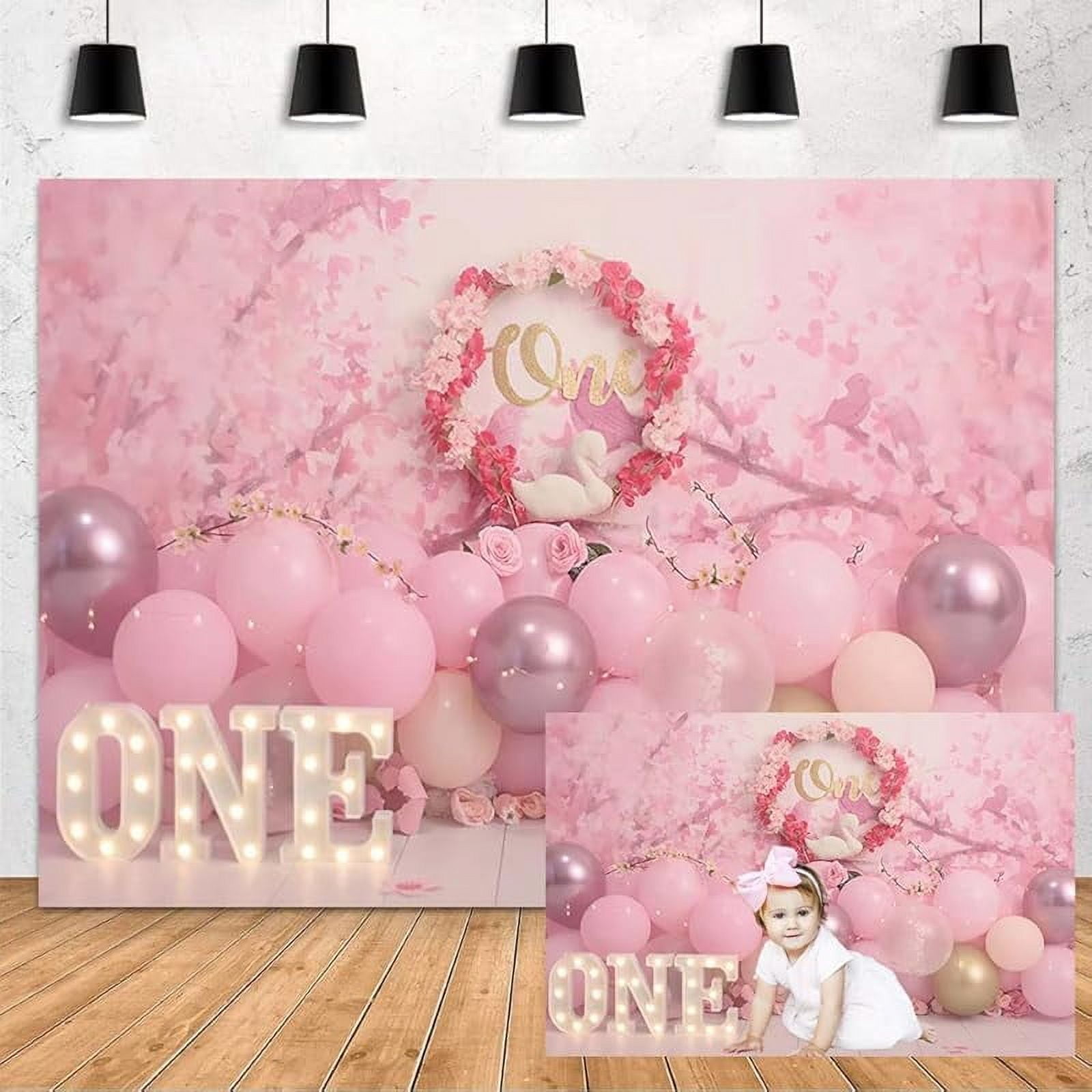 Girl 1st Birthday Photography Background Pink Floral Balloon Birthday ...