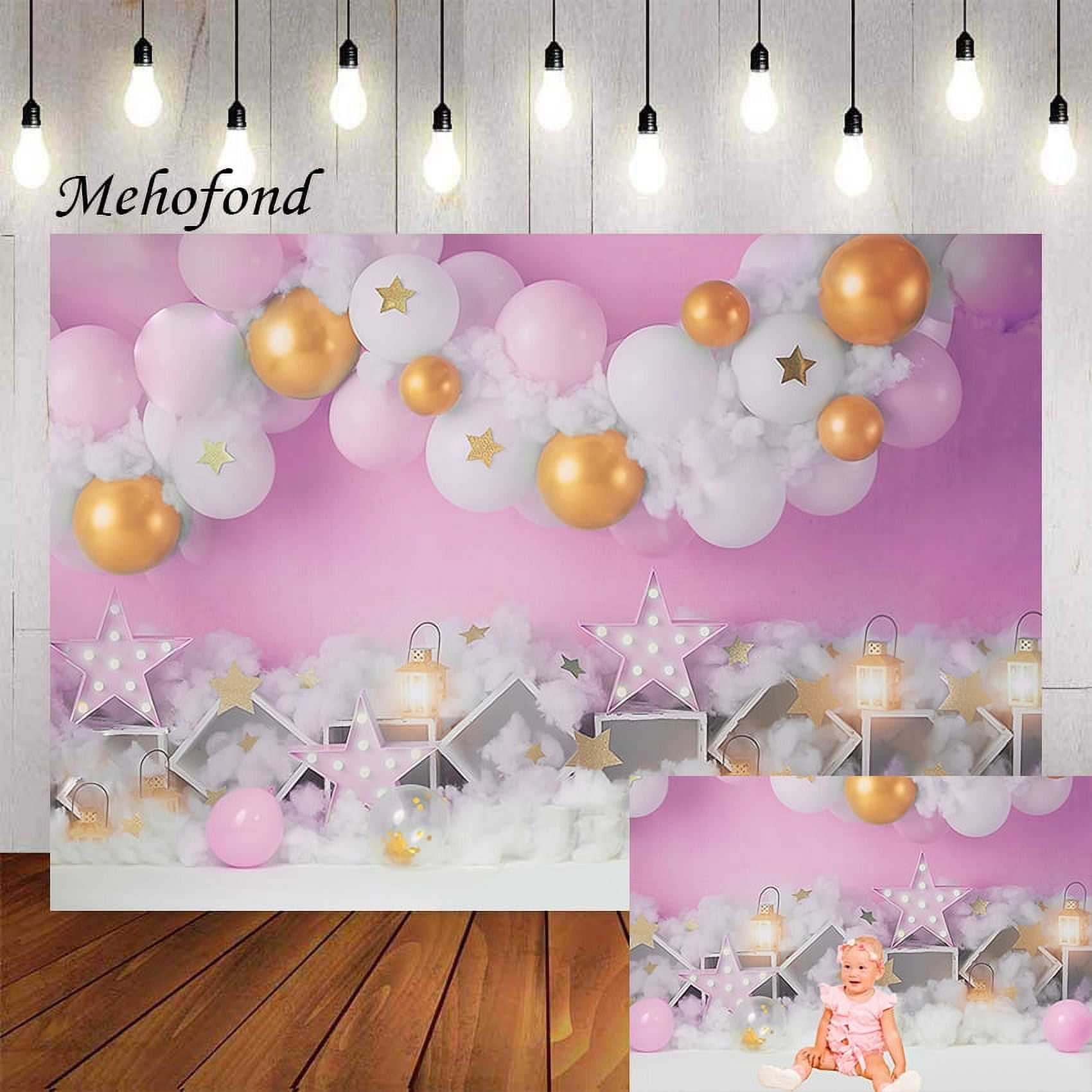 Girl 1st Birthday Pink Gold Balloons Stars Cloud Cake Smash Portrait ...