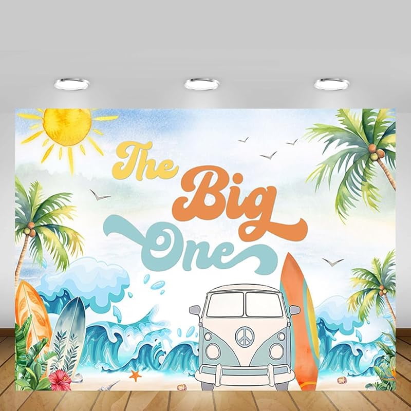 Girl 1st Birthday The Big One Surf Themed Backdrop Retro Surfboard ...