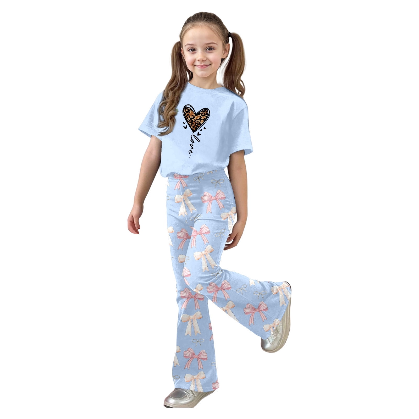 Girl 2 Piece Summer Outfits Flare Pants Set Girls 2t Outfits Heart Bow ...