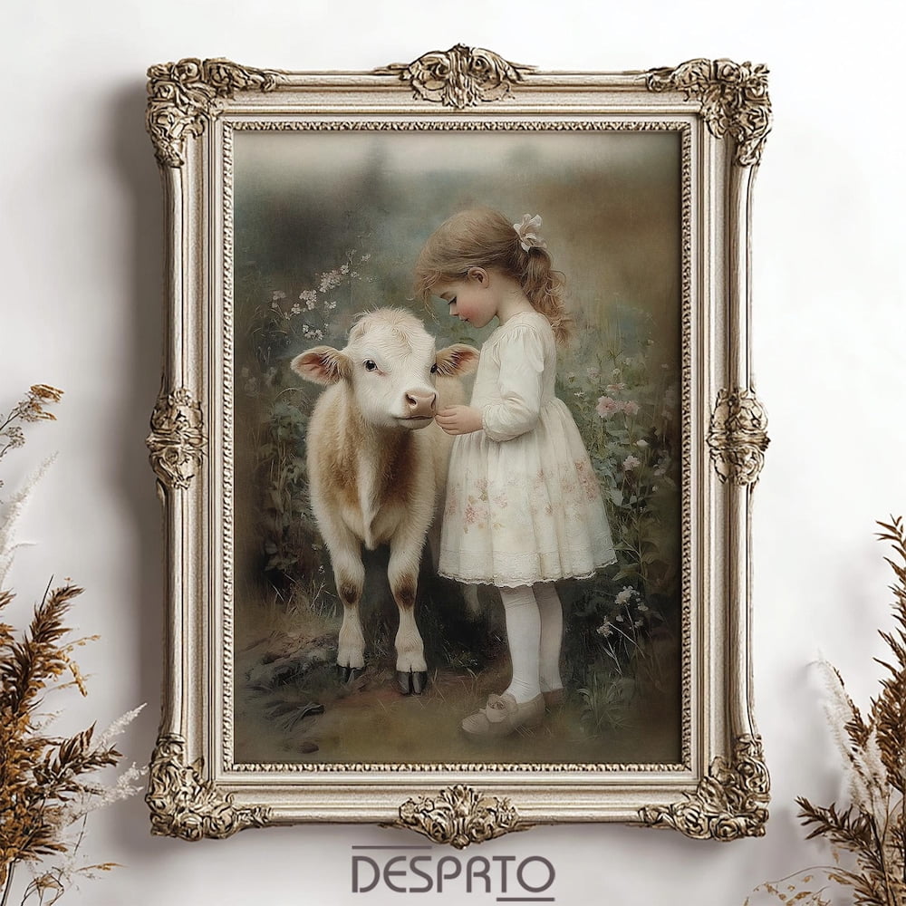 Girl And Cow Print: Farmhouse Cottagecore Print Vintage Wall Art ...
