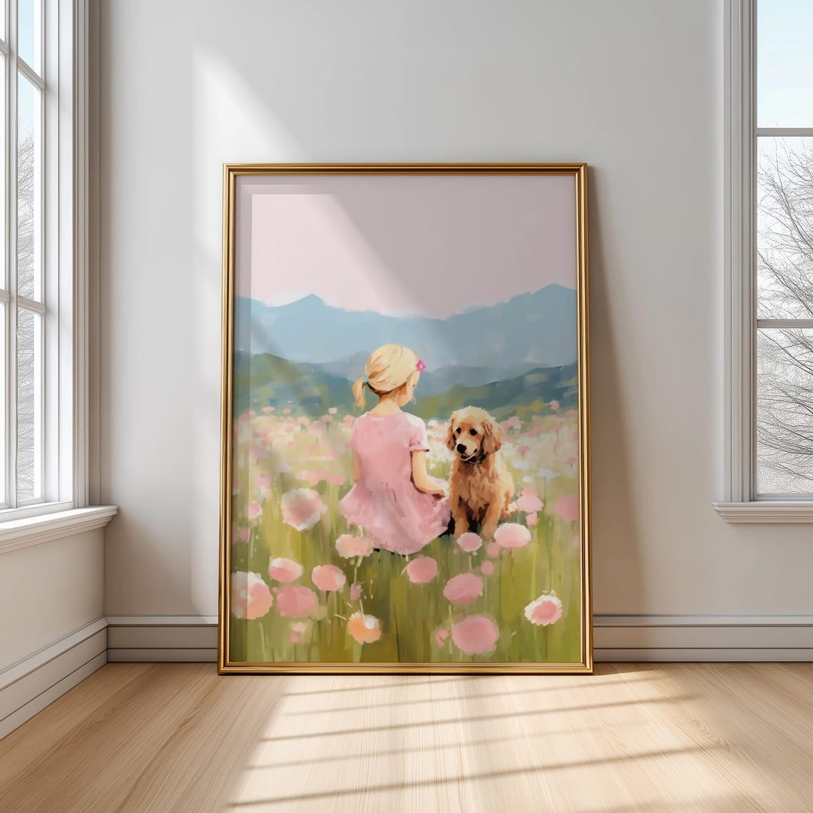 Girl And Goldendoodle Poster: Wildflower Meadow Pastel Art, Unframed ...