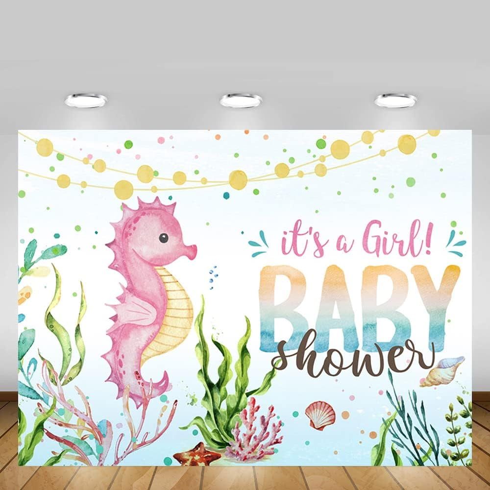 Girl Baby Shower Pink Seahorse Backdrop Under The Sea Corals It's A ...