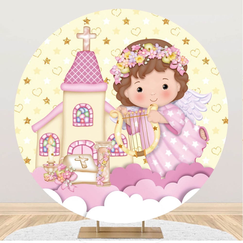 Girl Baptism Circle Backdrop Cartoon Castle Bible First Holy Communion ...