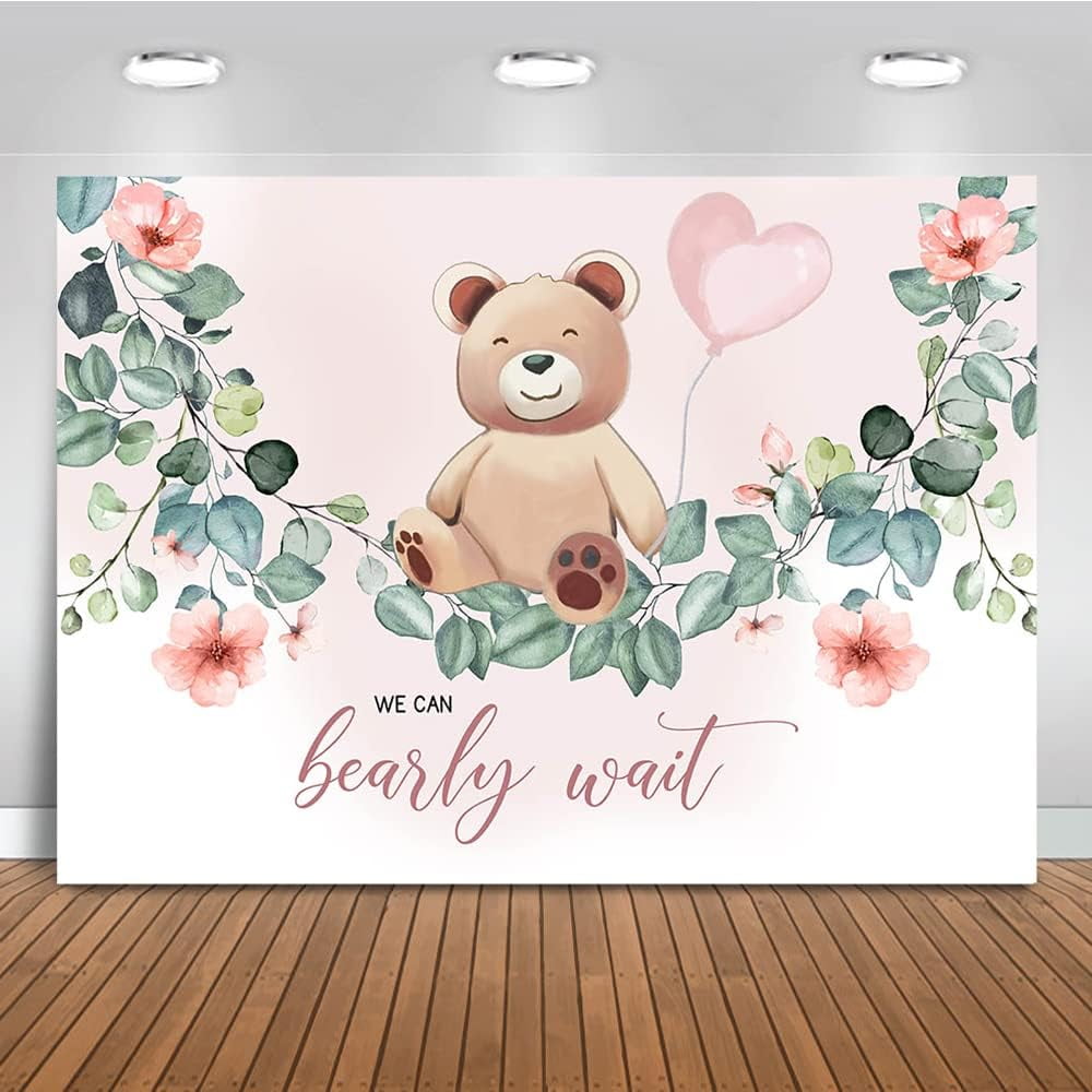 Girl Bear Baby Shower Backdrop We Can Bearly Wait Background Watercolor ...