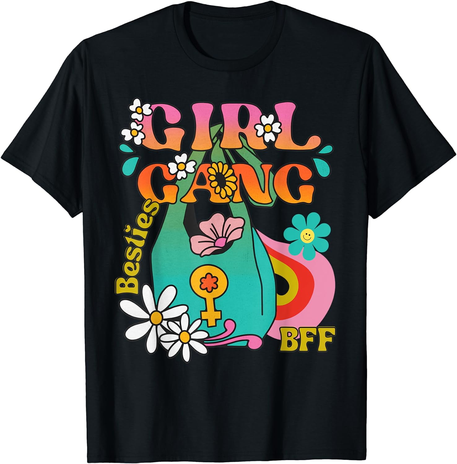 Girl Best-Friend Besties Boho Hippie Groovy 70s BFF Retro T-Shirt Black ...