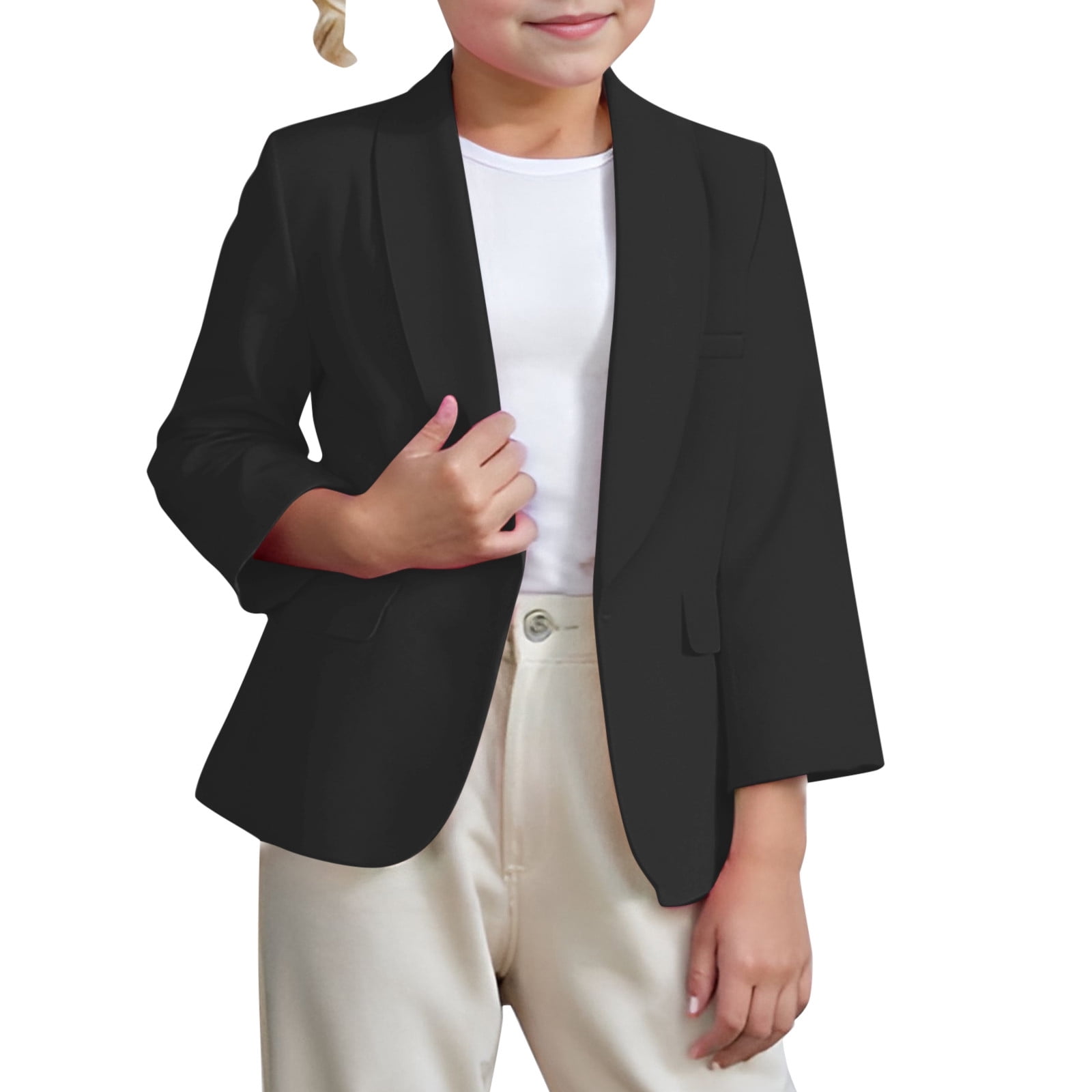 Girl Blazer Long Sleeve Lapel Suit Open Front Black Suit Jacket with ...