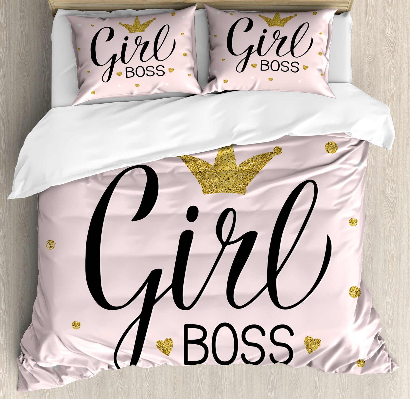 Girl Boss Duvet Cover Set, Dots Crown and Calligraphy Feminist Slogan ...