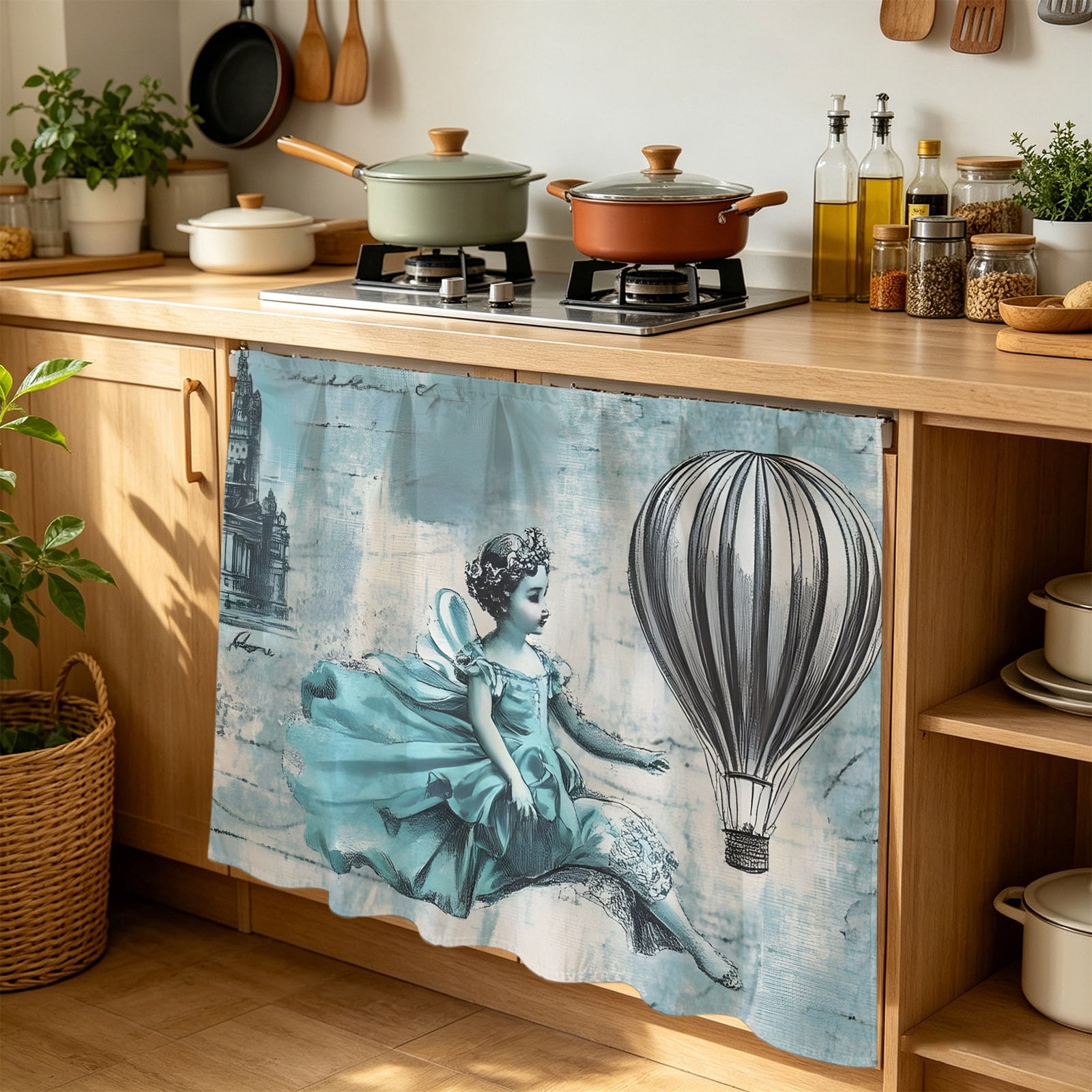 Girl Butterfly Balloon Cabinet Curtains 35" W x 35" L, Vintage Teal ...