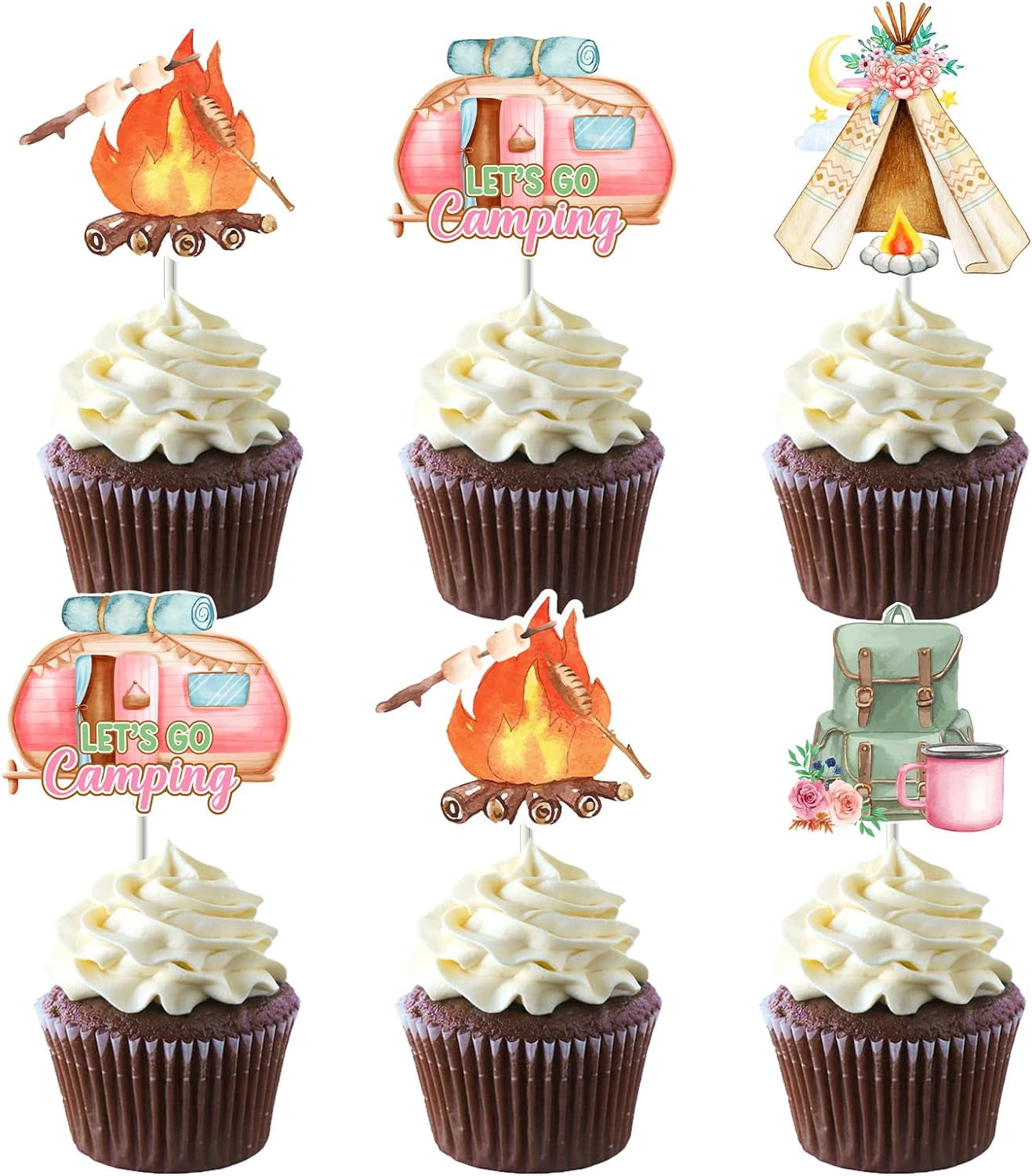 Girl Camping Party Decorations, Happy Camper Cupcake Toppers Pink ...