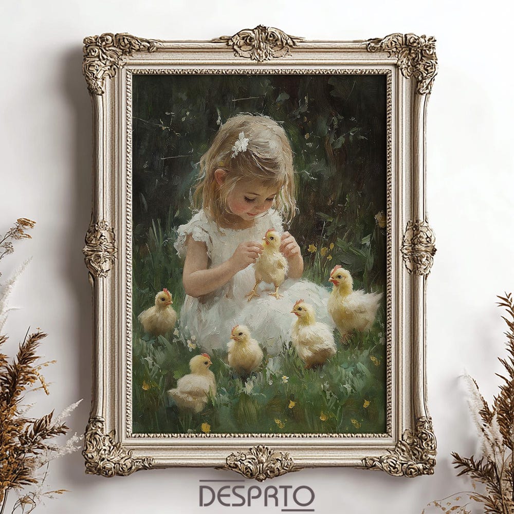 Girl And Chickens Print, Egg Day Chicken Village Farmhouse Decor, Moody ...