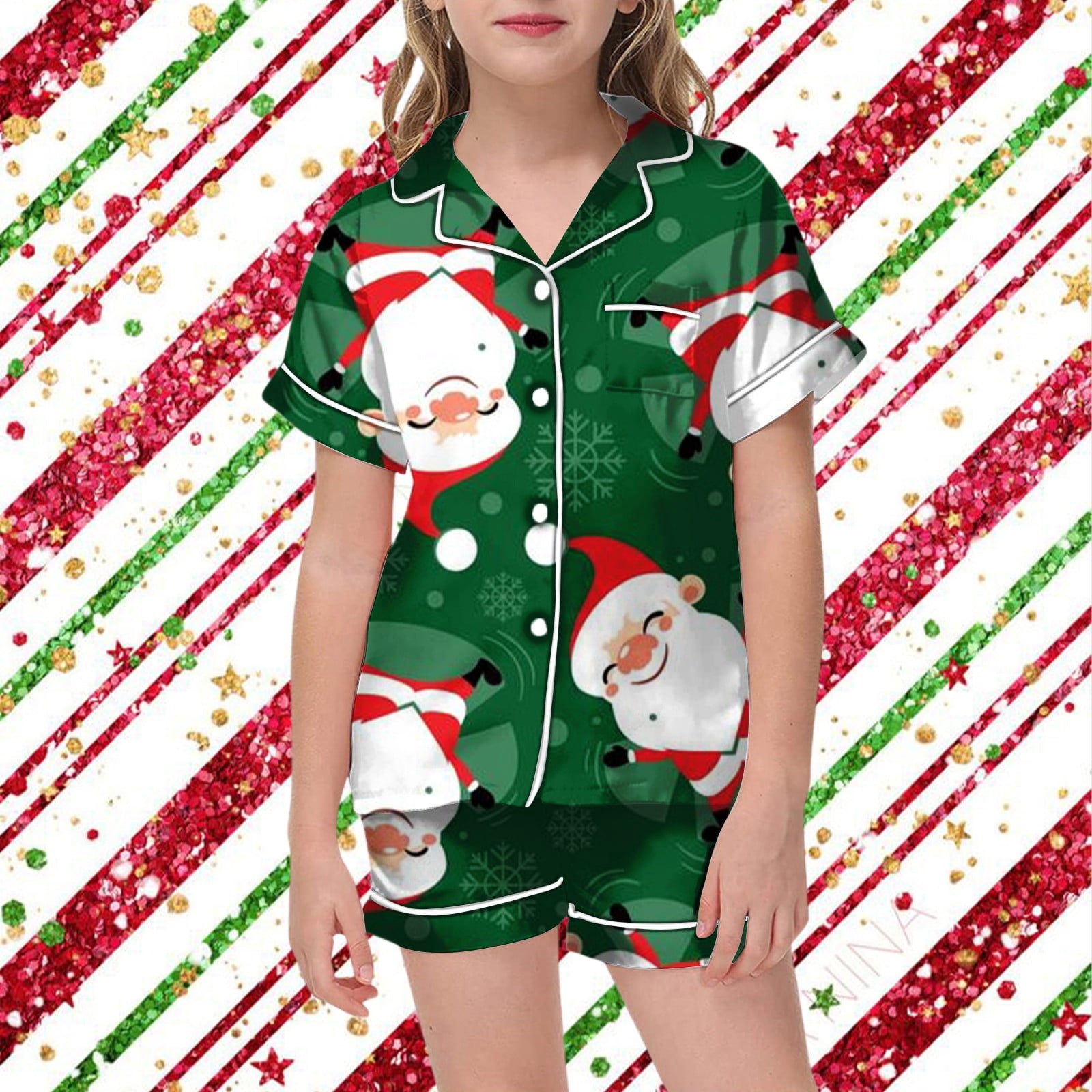 Girl Christmas Pajamas Blue Silk Pj Set Button-Down Top With Shorts 2 ...