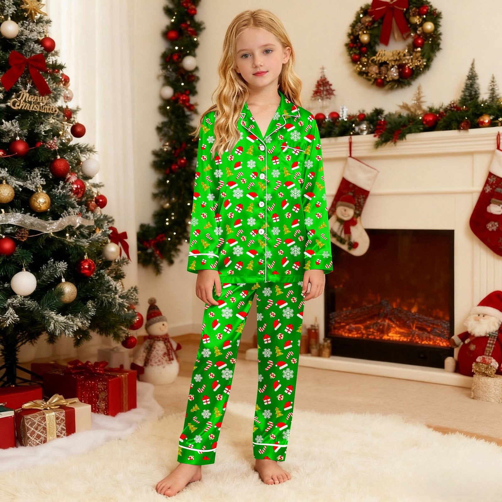 Girl Christmas Pajamas Green Satin Pajamas For Girls Boys Long Sleeve 2 ...