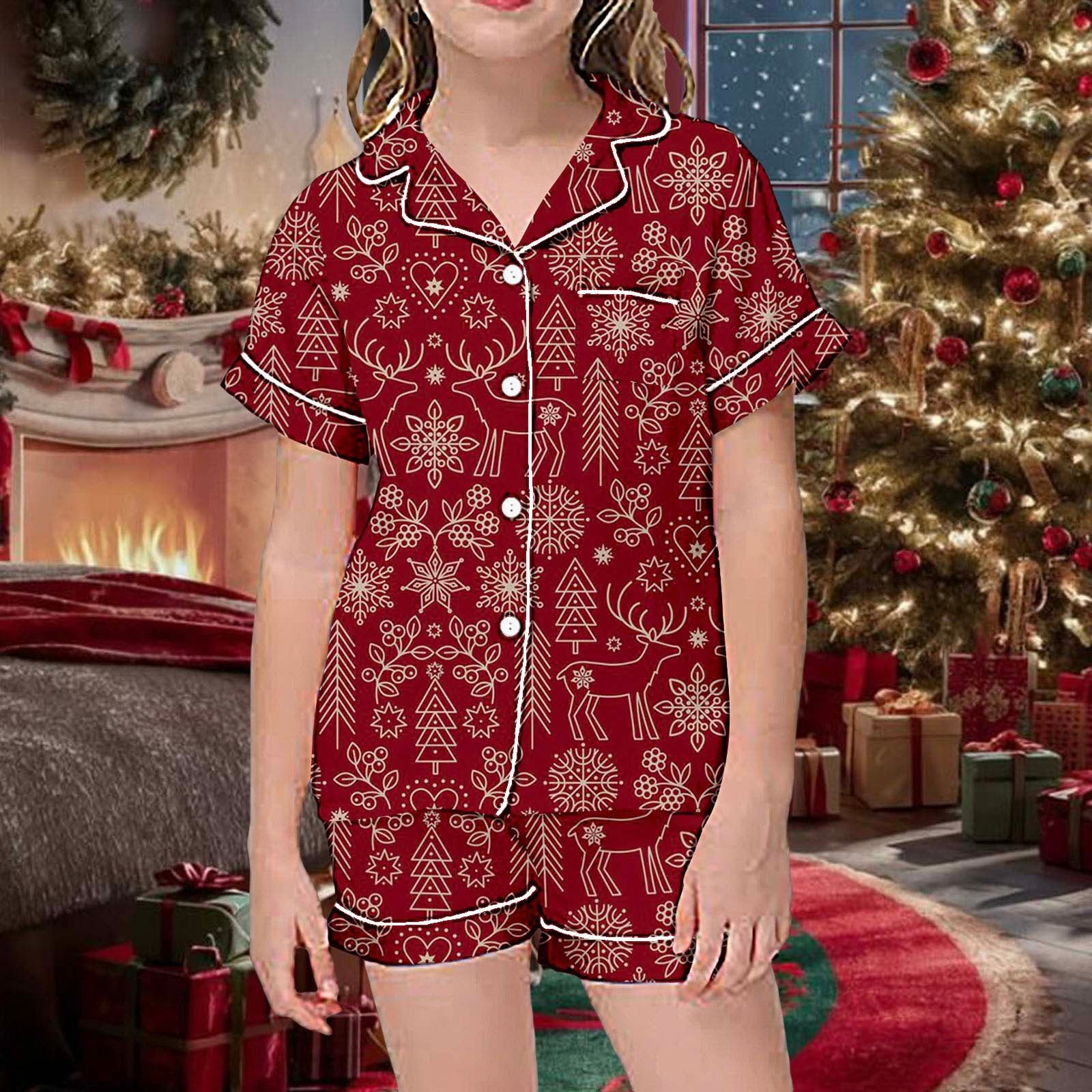 Girl Christmas Pajamas Kids Summer Homewear Printed Short Sleeve Button ...