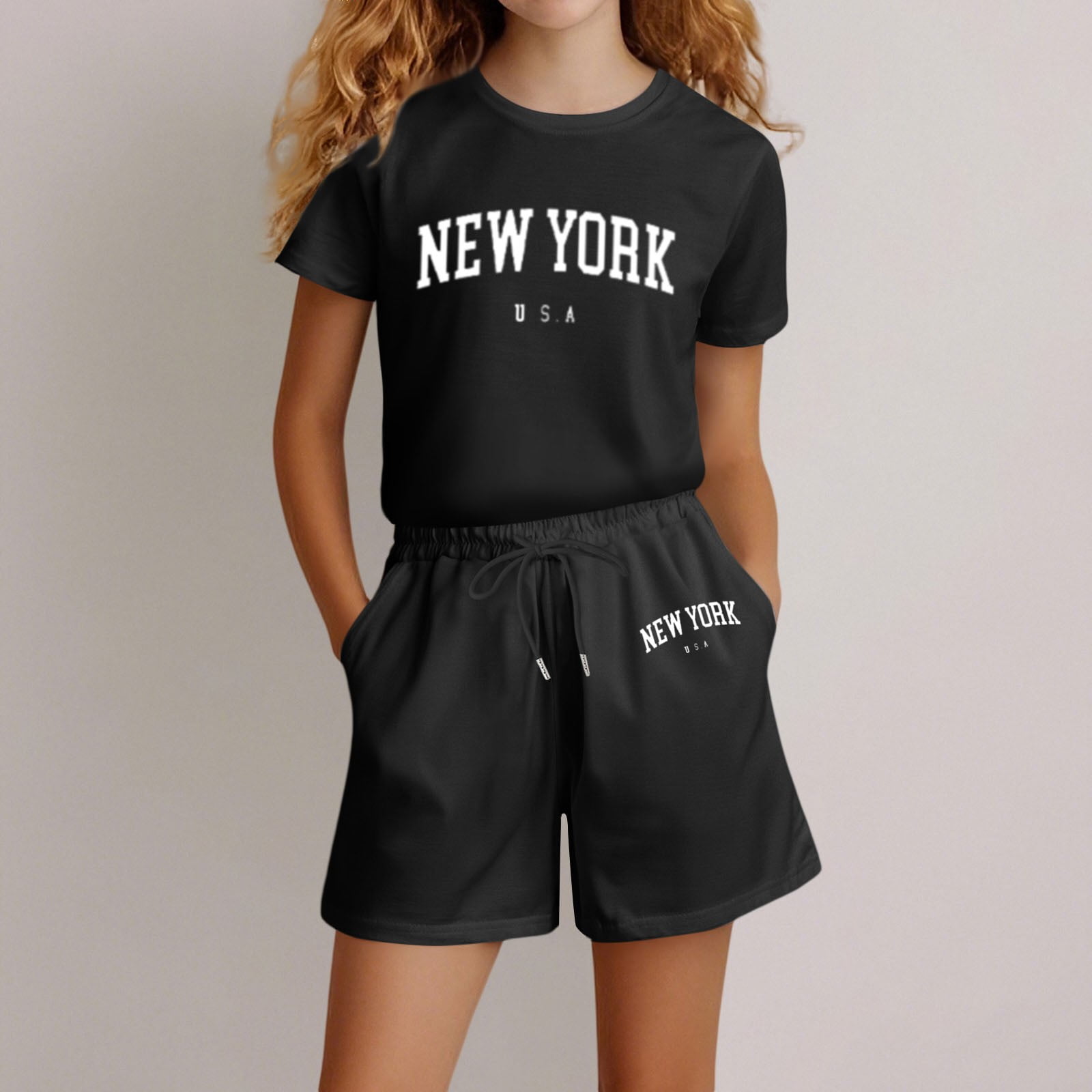 Girl Clothes Black Short Sleeve T-Shirt and Shorts Set Girl 2 Piece ...
