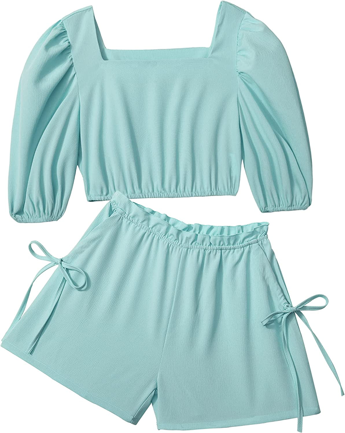 Girl Clothes Set 2 Piece Outfits Fashion Square Collar Puff Sleeve Crop ...