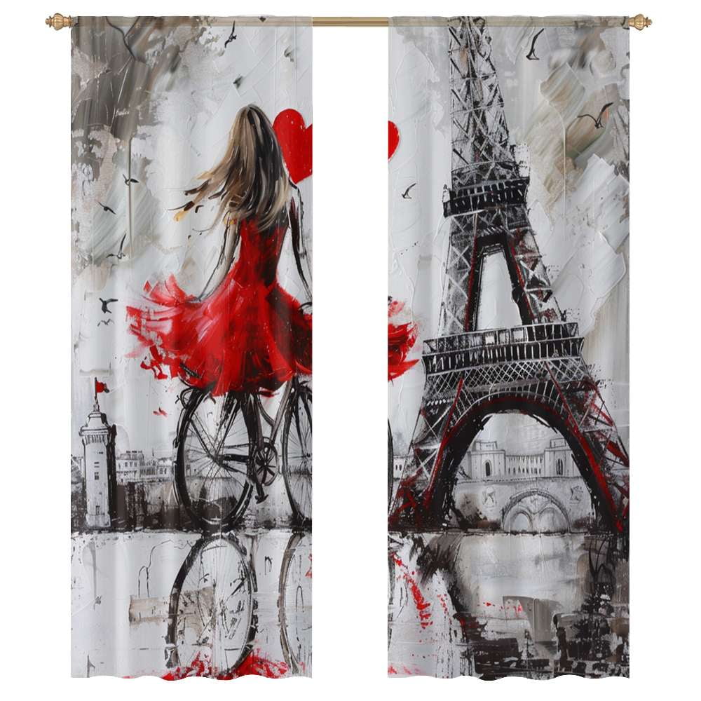 Girl Cycling,Red Heart,Eiffel Tower Sheer Voile Curtain Window Tulle ...