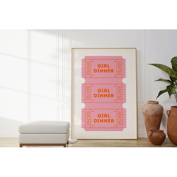 Girl Dinner Ticket Print: Preppy Pink & Orange Wall Art #2899, Unframed ...
