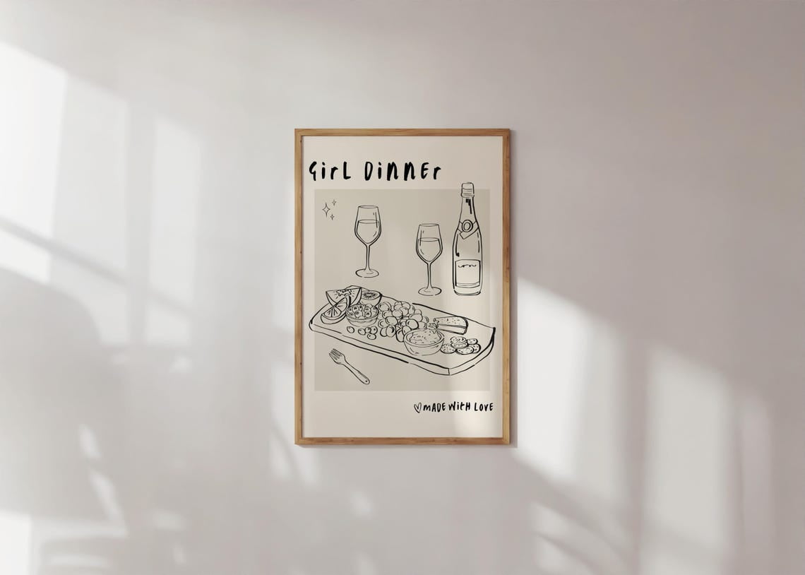 Girl Dinner Wall Art Print Minimalistic Wall Art Food Artwork Trendy Food Aesthetic Hand Drawn ...