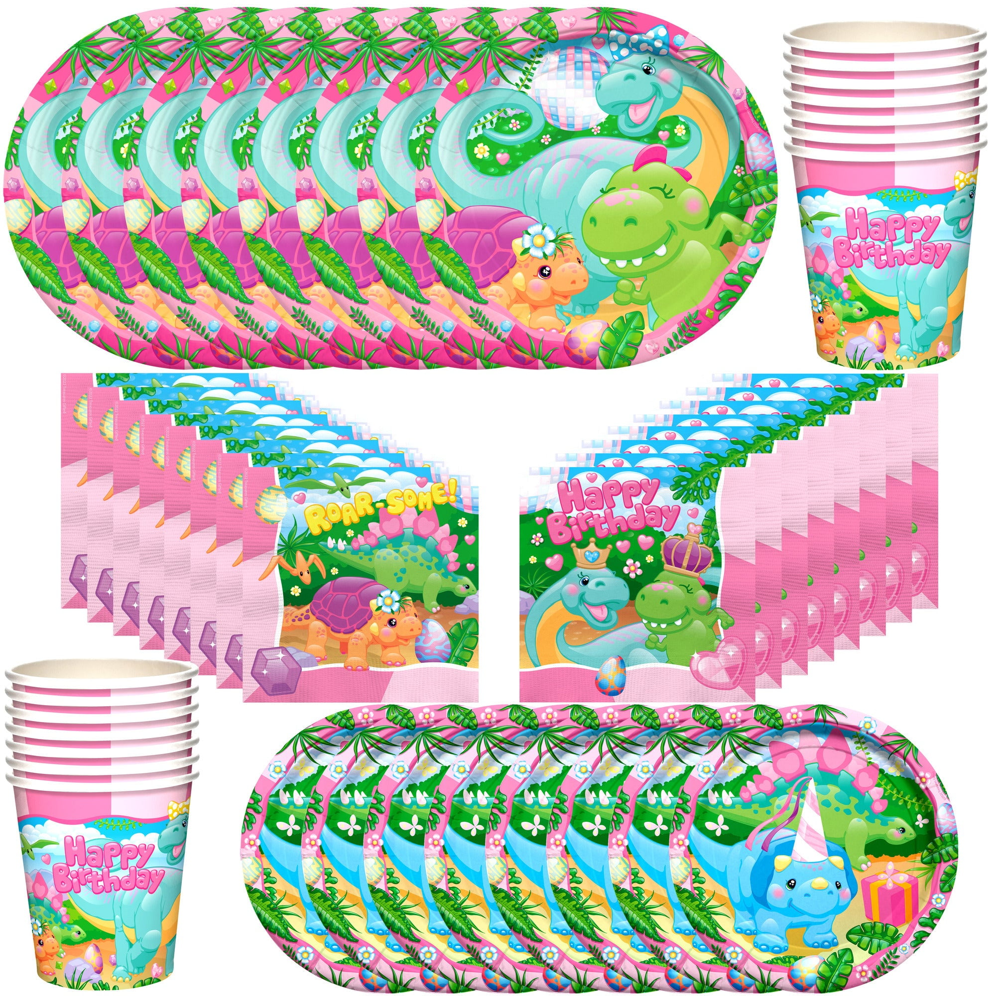 Girl Dinosaur Birthday Party Supplies Tableware Classic Set for 24 ...