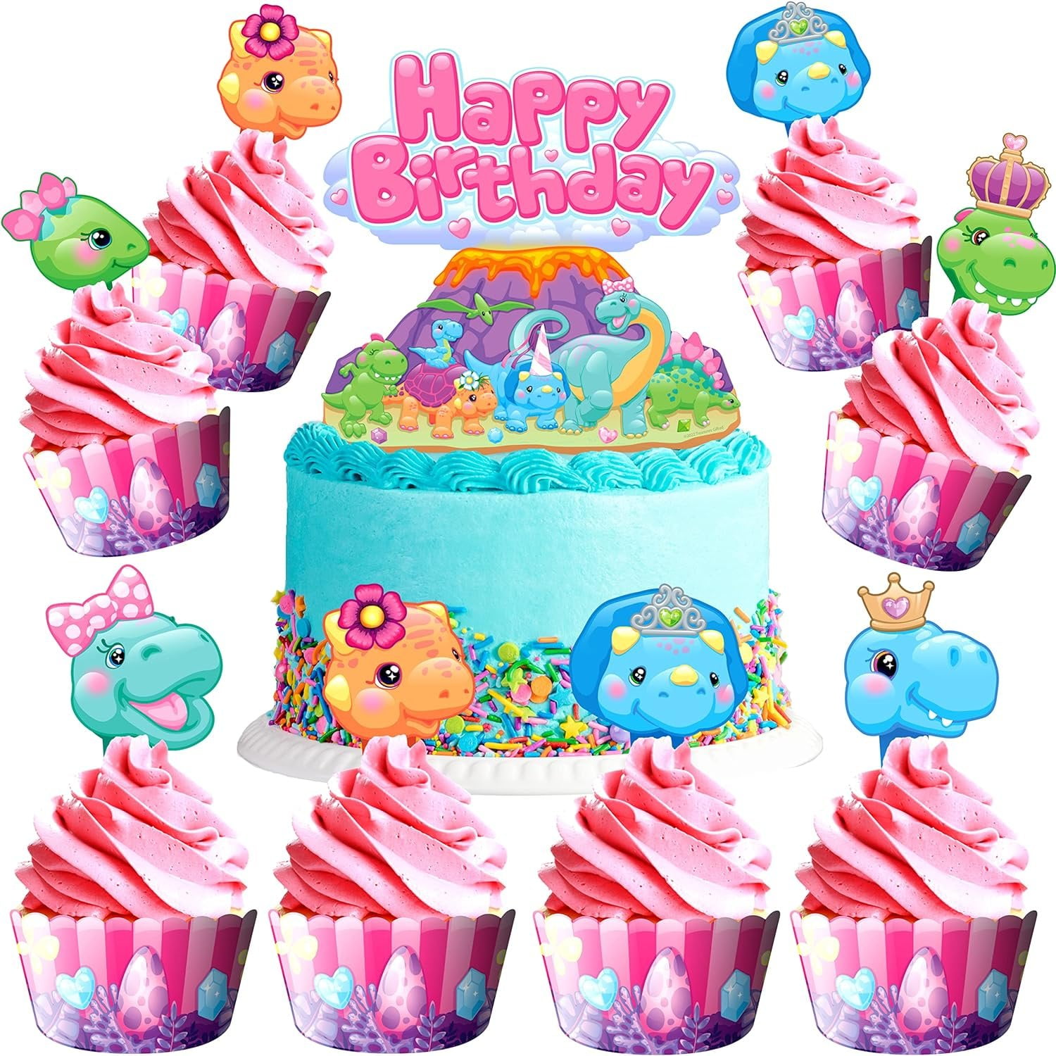 Girl Dinosaur Cake Topper & Girl Dinosaur Cupcake Toppers Kit - Walmart.com