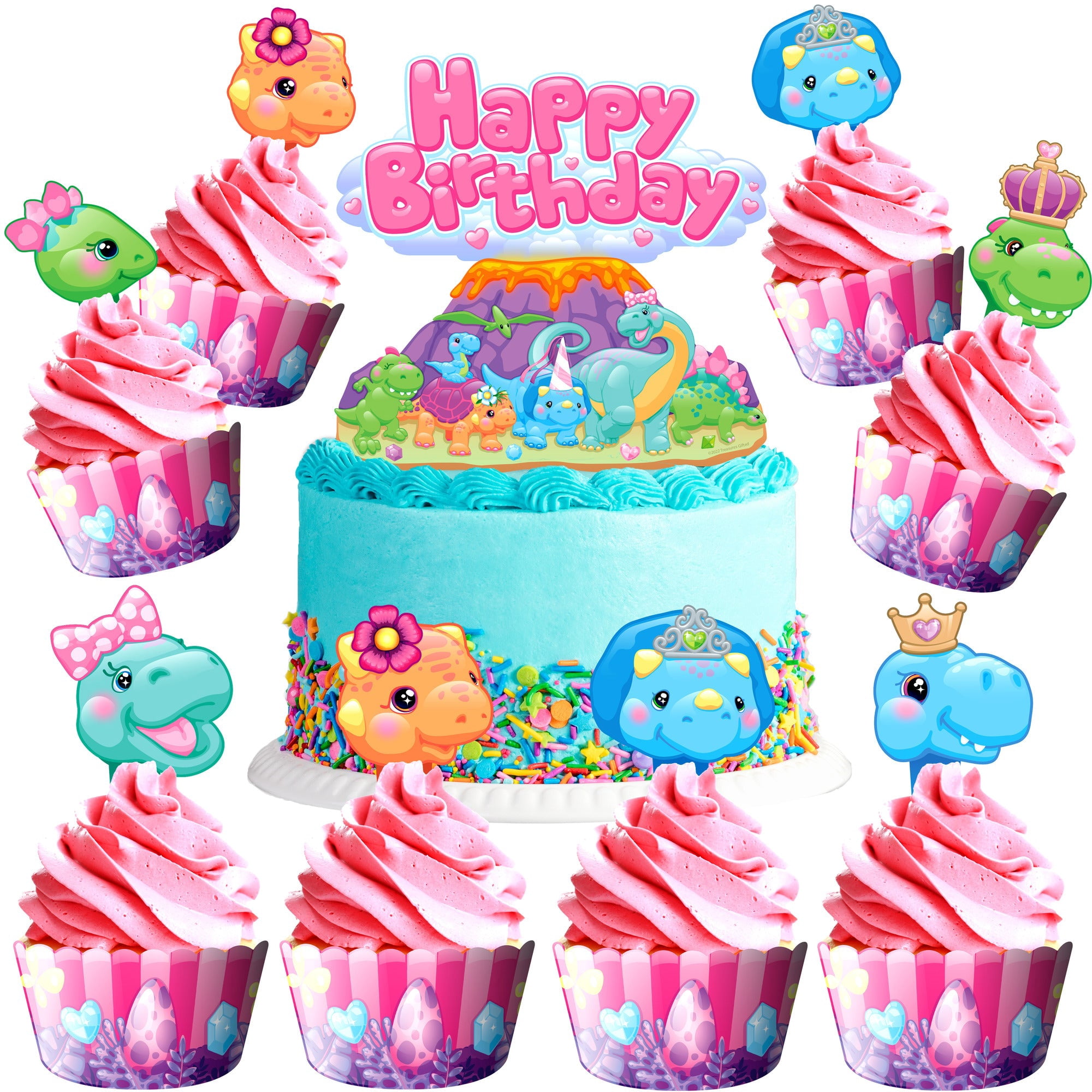 Girl Dinosaur Cake Topper & Girl Dinosaur Cupcake Toppers Kit - Walmart.com