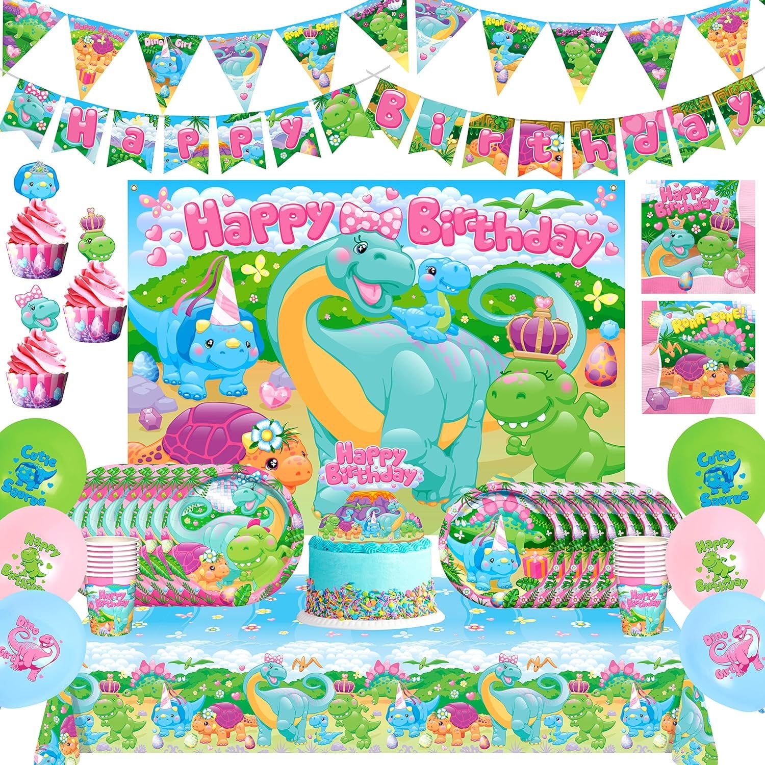Girl Dinosaur Themed Birthday Party Decorations Kit - Ultimate Supplies ...